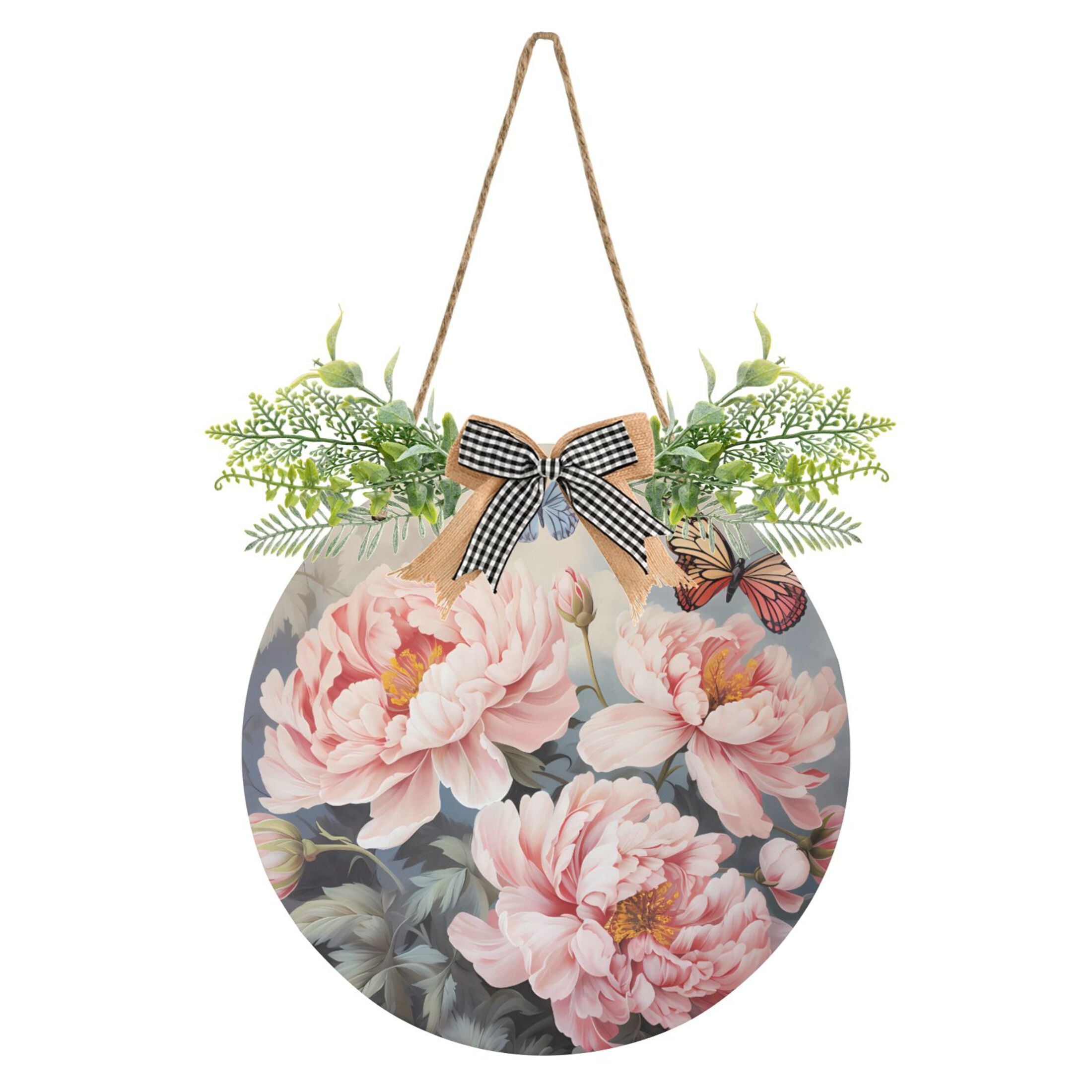 Welcome Door Sign Pink Flowers and Butterflies 11.8" Round Front ...