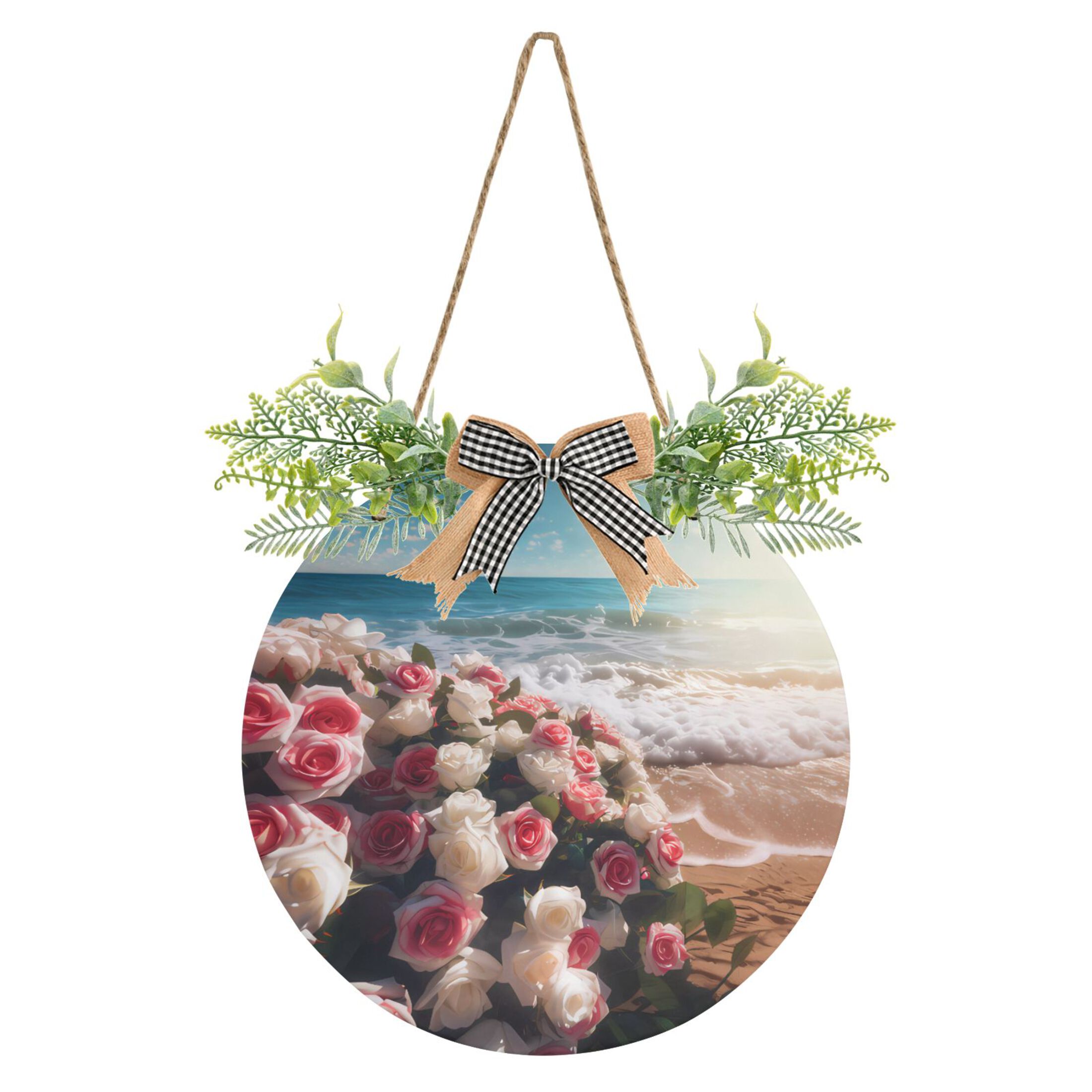Welcome Door Sign Pink Rose Flowers on Beach 11.8" Round Front Entrance ...