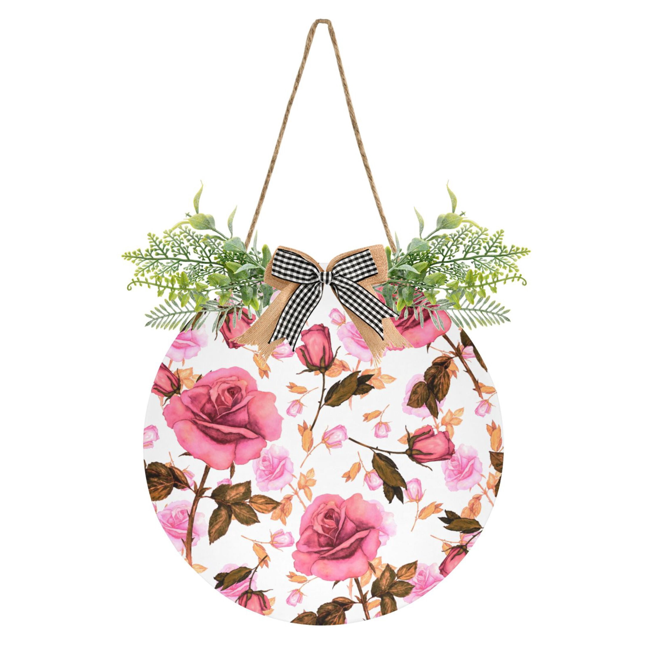 Welcome Door Sign Pink Rose Flowers with Gold 11.8" Round Front ...