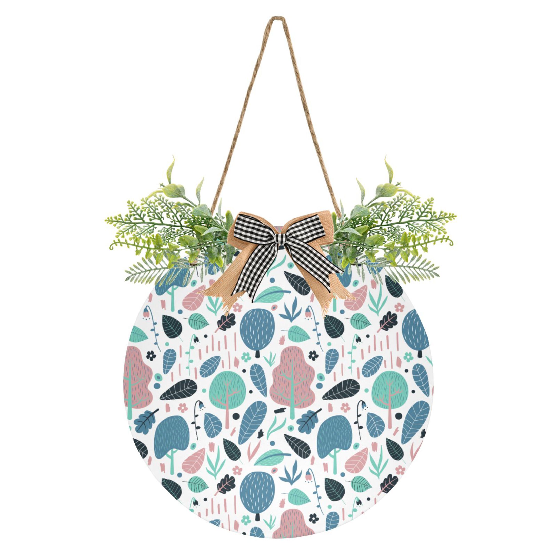 Welcome Door Sign Pink and Blue Plants Leaves 11.8" Round Front ...