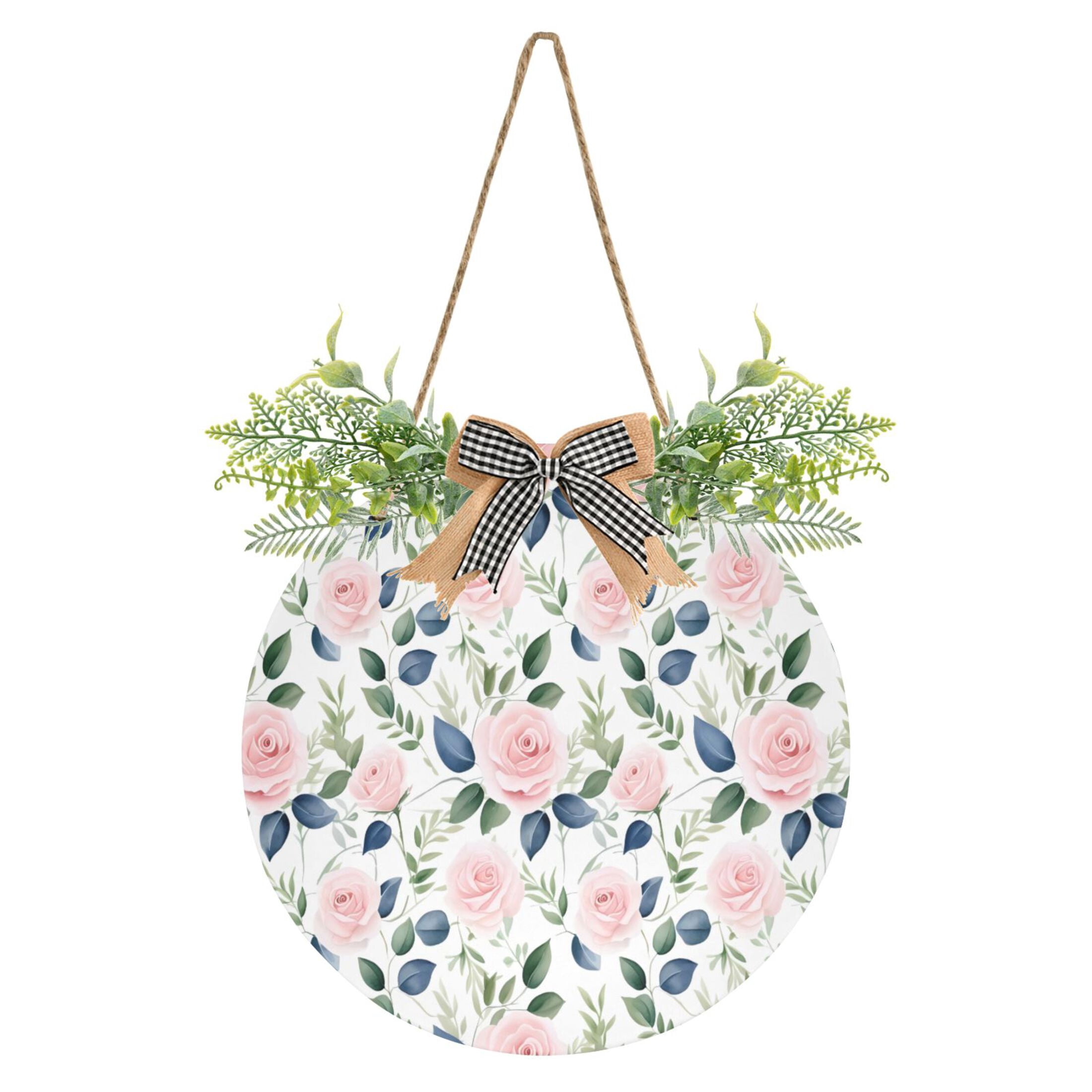 Welcome Door Sign Rose Flowers Pink with Leaves 11.8" Round Front ...