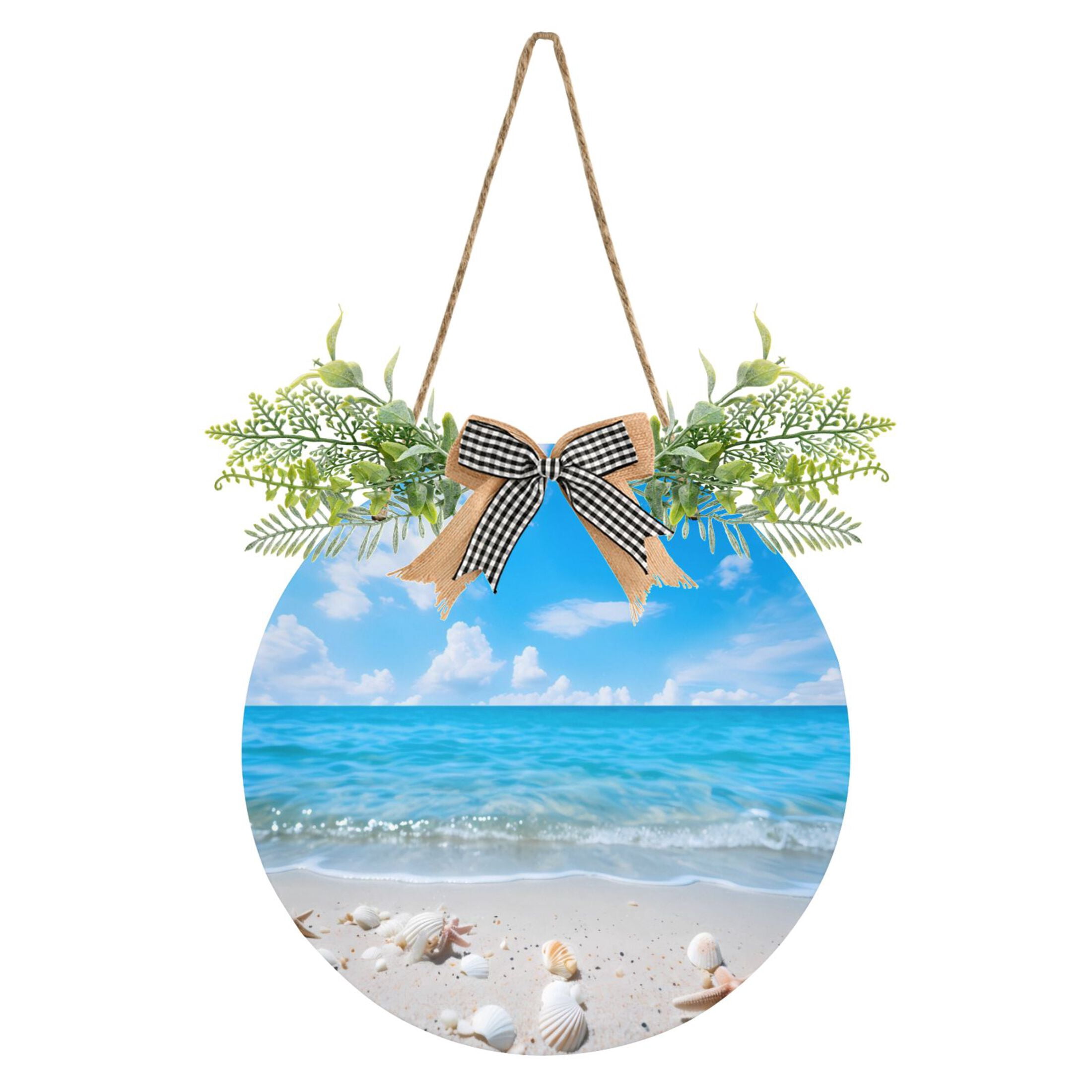 Welcome Door Sign Seashells on Beach Blue Sky 11.8" Round Front ...
