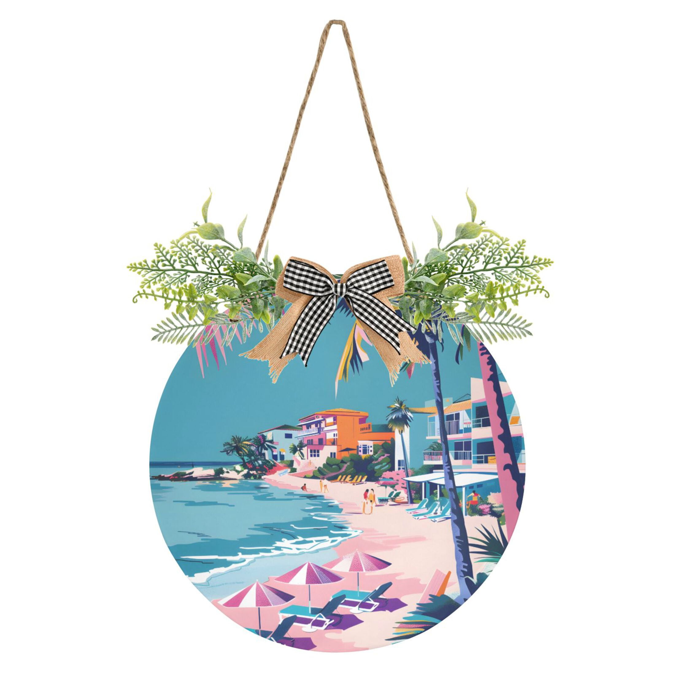 Welcome Door Sign Seaside Scenery 11.8" Round Front Entrance Hanging ...