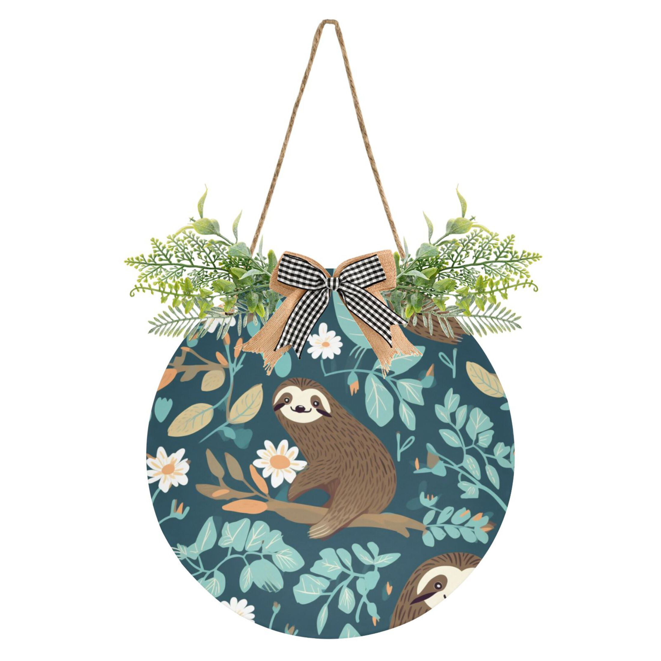 Welcome Door Sign Sloth and Daisy Floral 11.8" Round Front Entrance ...