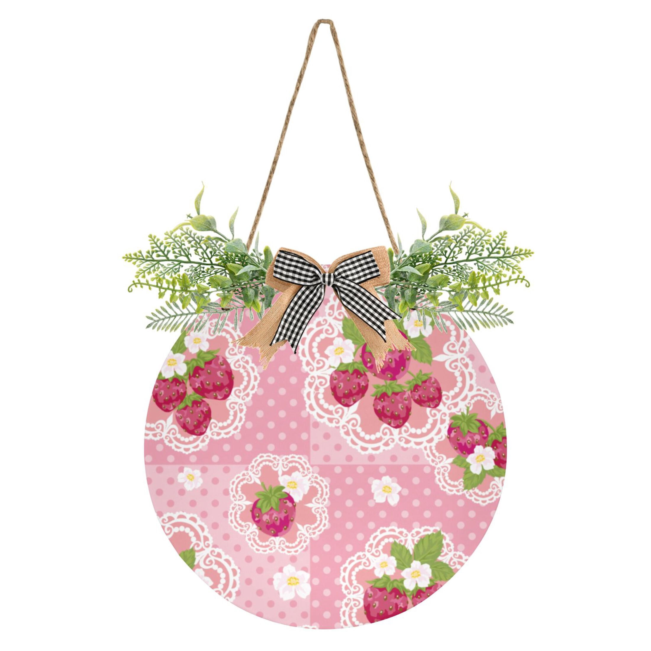 Welcome Door Sign Strawberry on Pink 11.8" Round Front Entrance Hanging ...