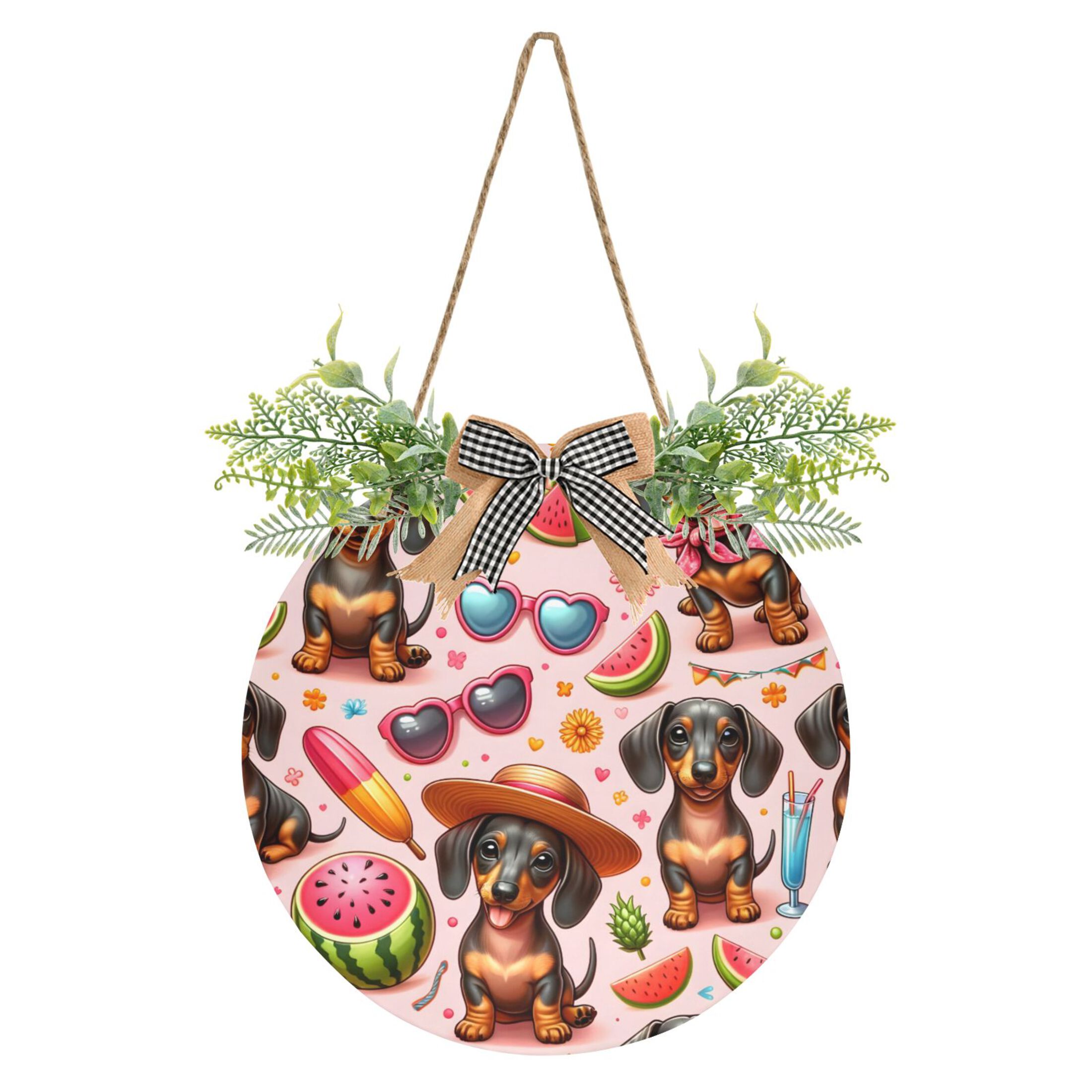 Welcome Door Sign Summer Dogs and Watermelon 11.8" Round Front Entrance ...