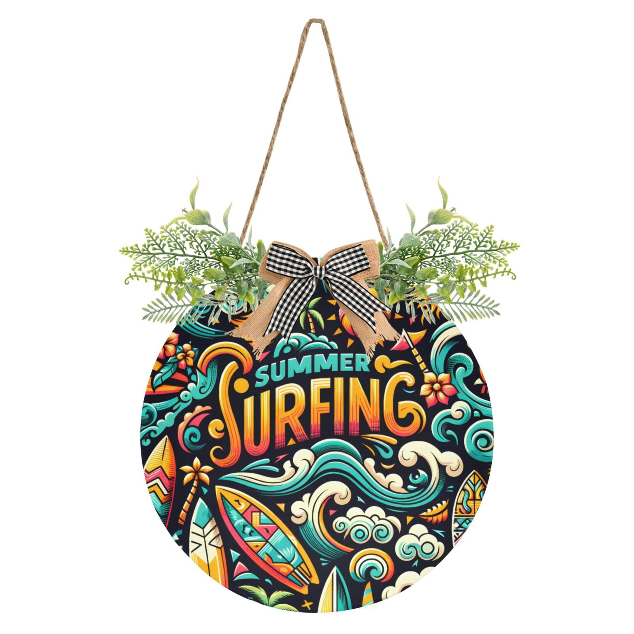 Welcome Door Sign Summer Surfing 11.8" Round Front Entrance Hanging ...