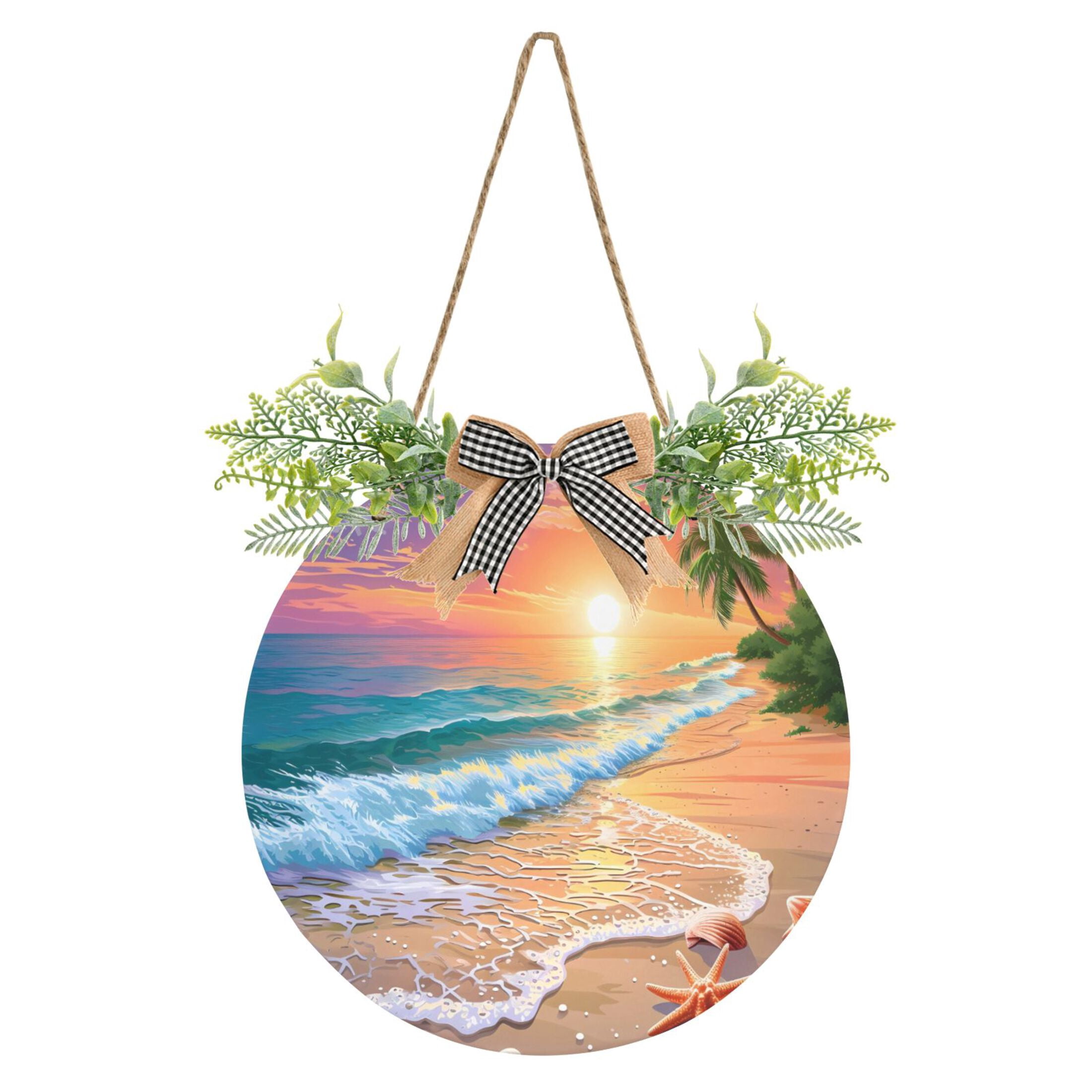Welcome Door Sign Sunset Beach Seastar Palm Tree 11.8" Round Front ...
