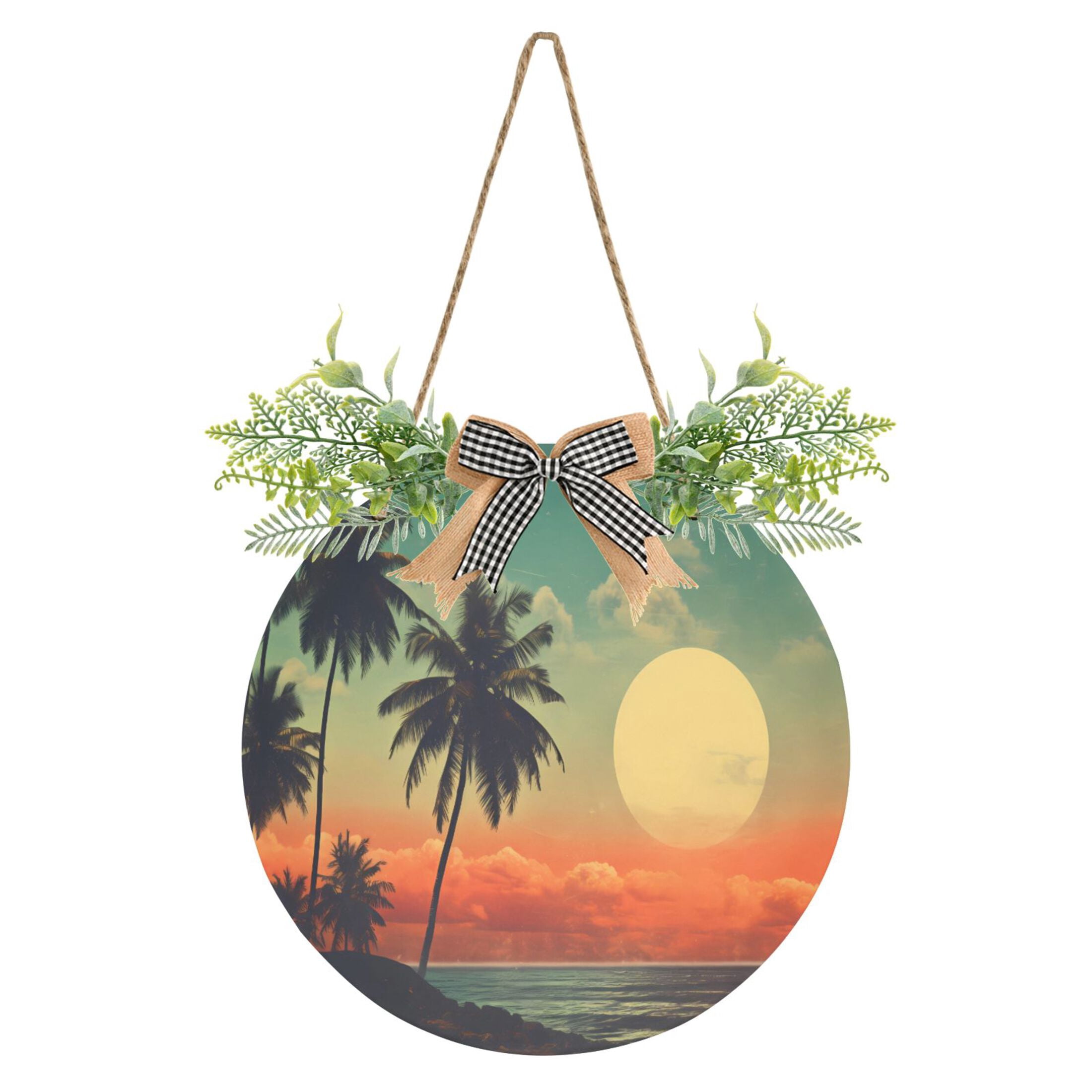 Welcome Door Sign Sunset Palm Tree Beach 11.8" Round Front Entrance ...
