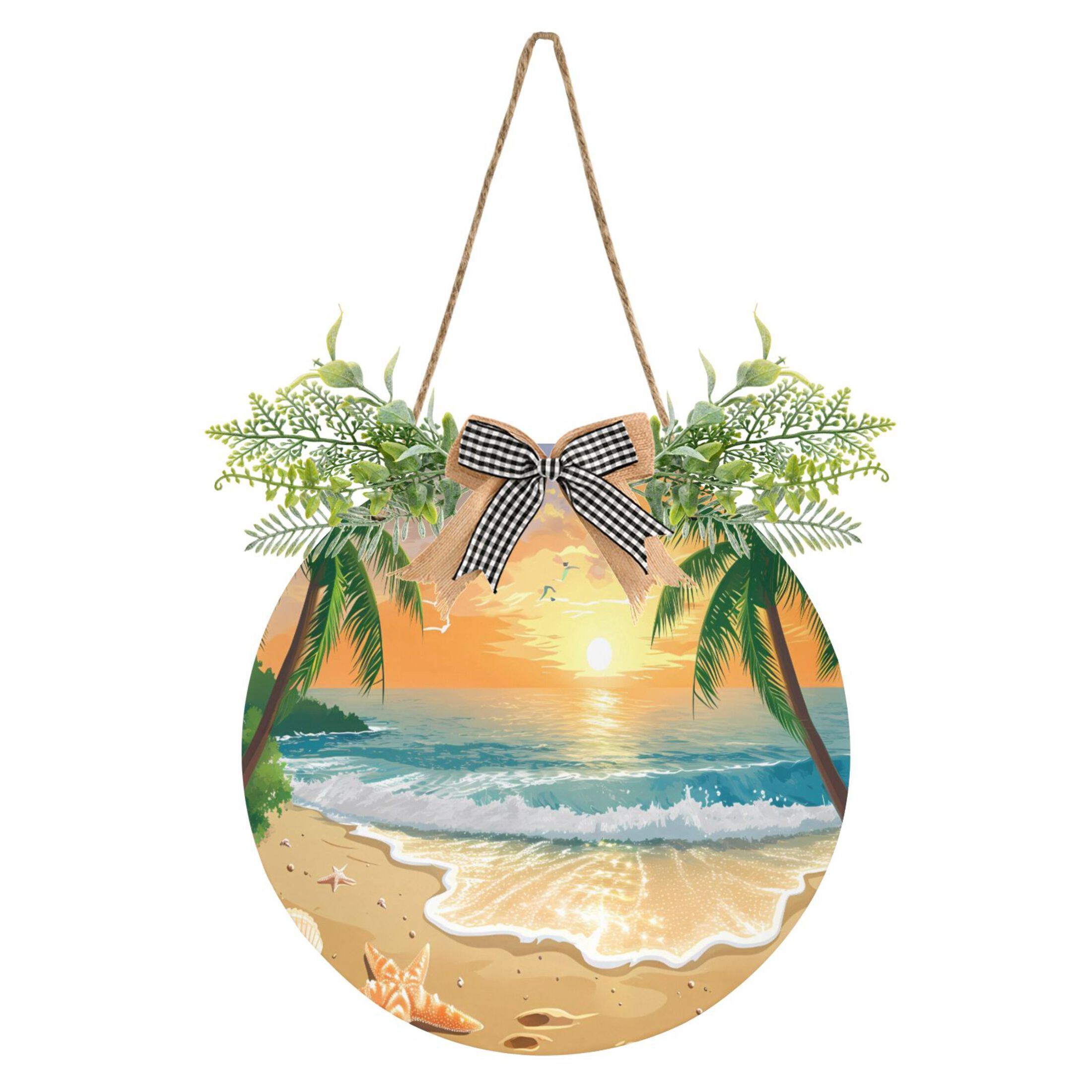 Welcome Door Sign Sunset Palm Tree and Beach 11.8" Round Front Entrance ...