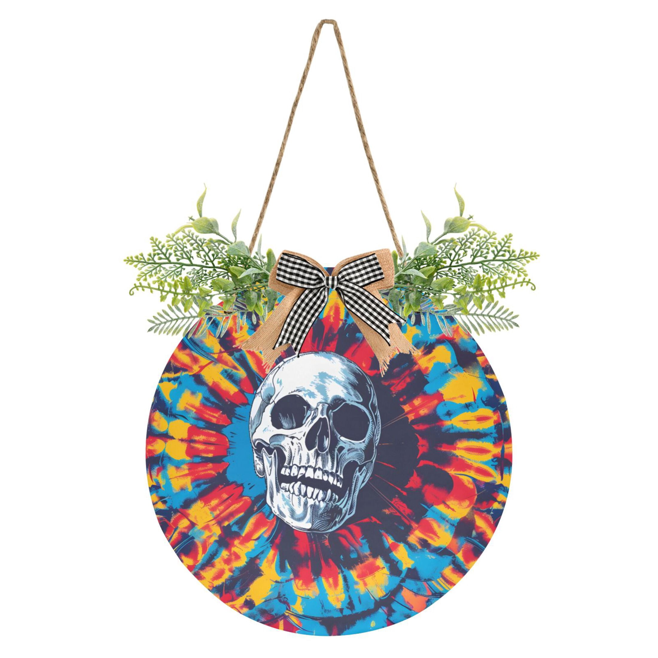 Welcome Door Sign Tie Dye Spiral Skull 11.8" Round Front Entrance ...