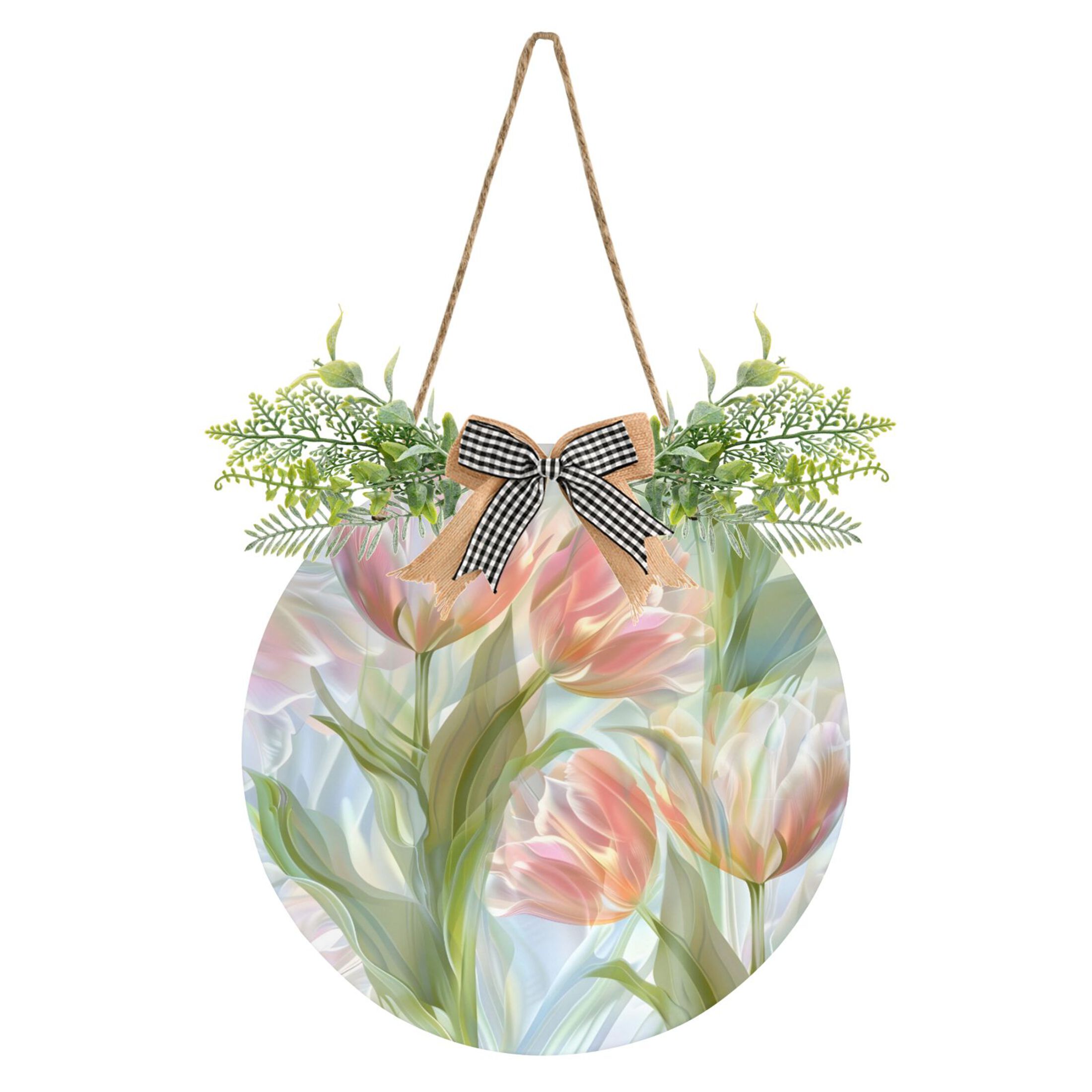 Welcome Door Sign Tulip with Leaf 11.8" Round Front Entrance Hanging ...