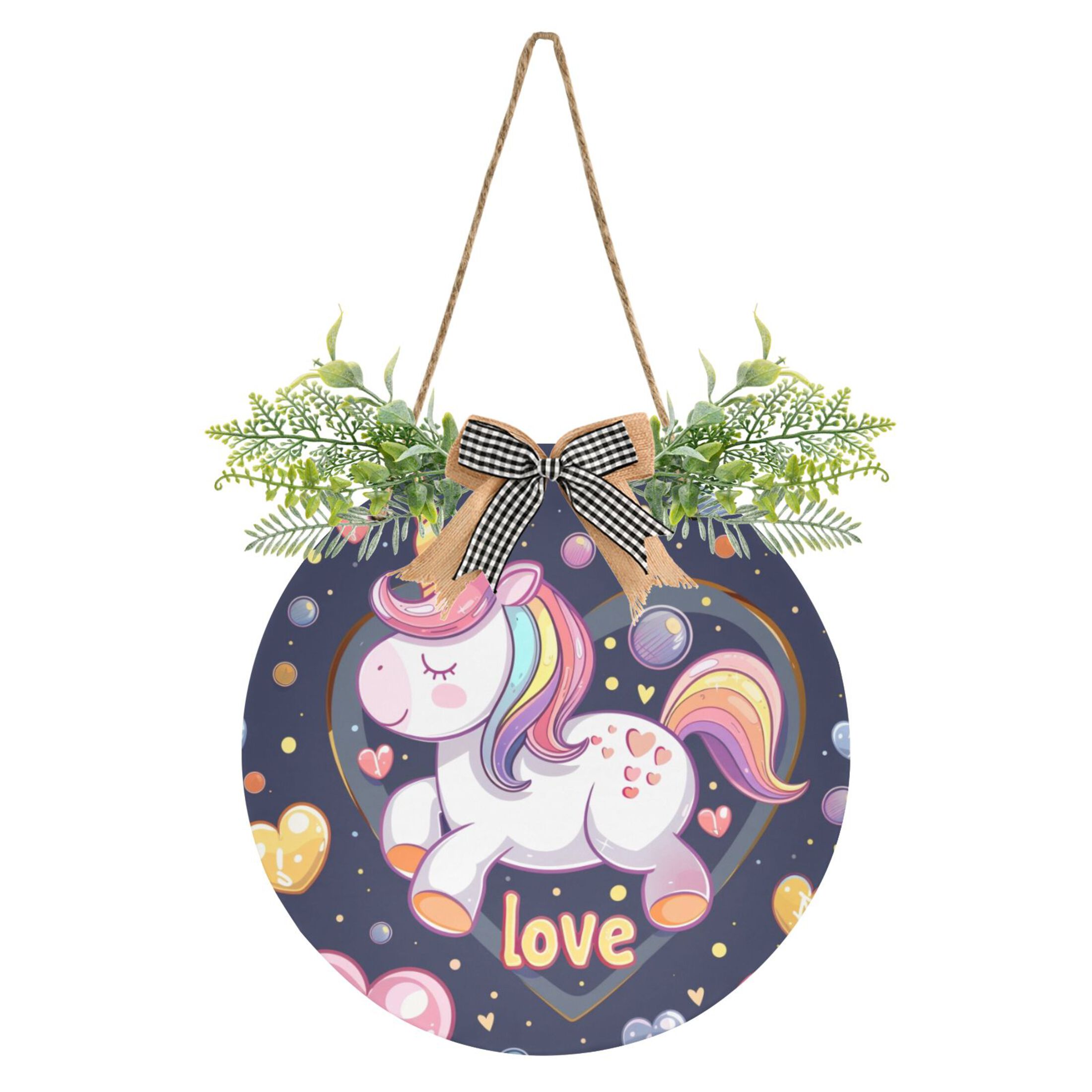 Welcome Door Sign Unicorn and Heart 11.8" Round Front Entrance Hanging ...
