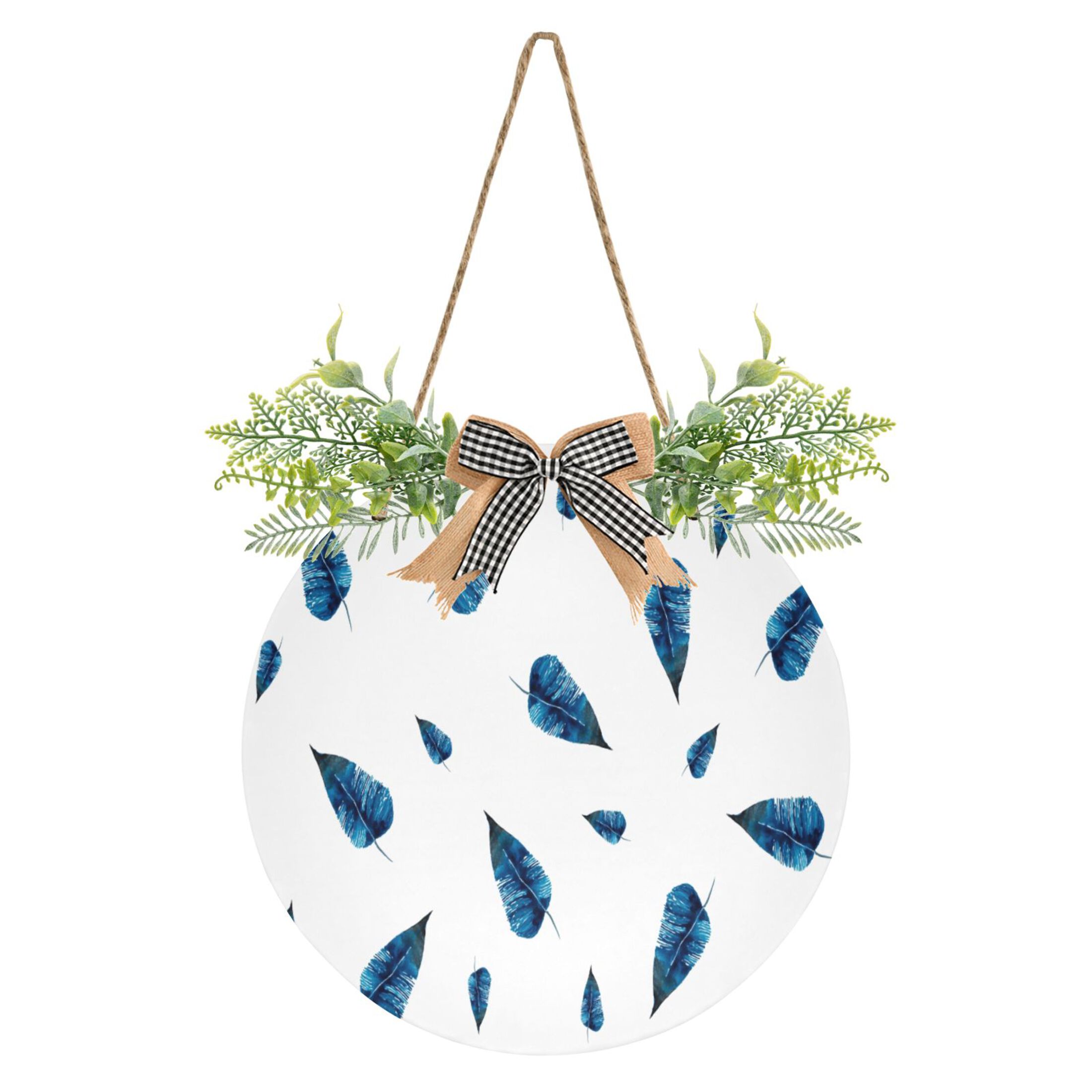 Welcome Door Sign Watercolor Feathers Blue 11.8" Round Front Entrance ...