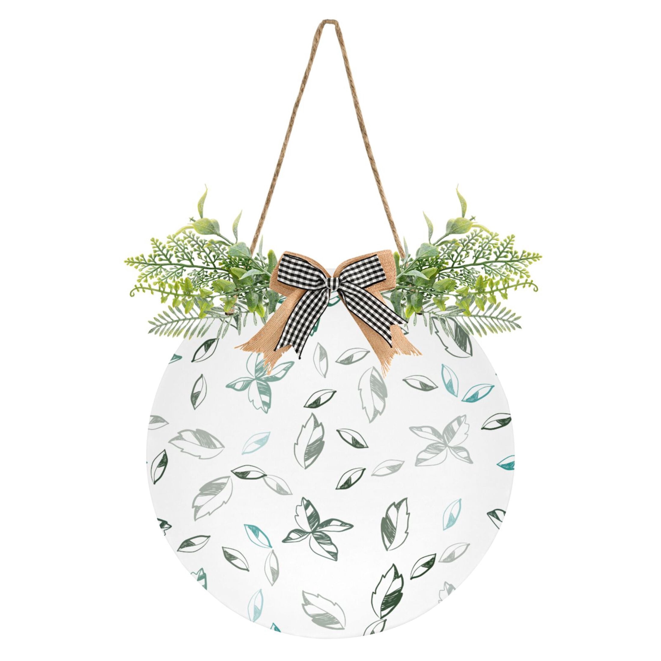 Welcome Door Sign Watercolor Green Leaves 11.8" Round Front Entrance ...