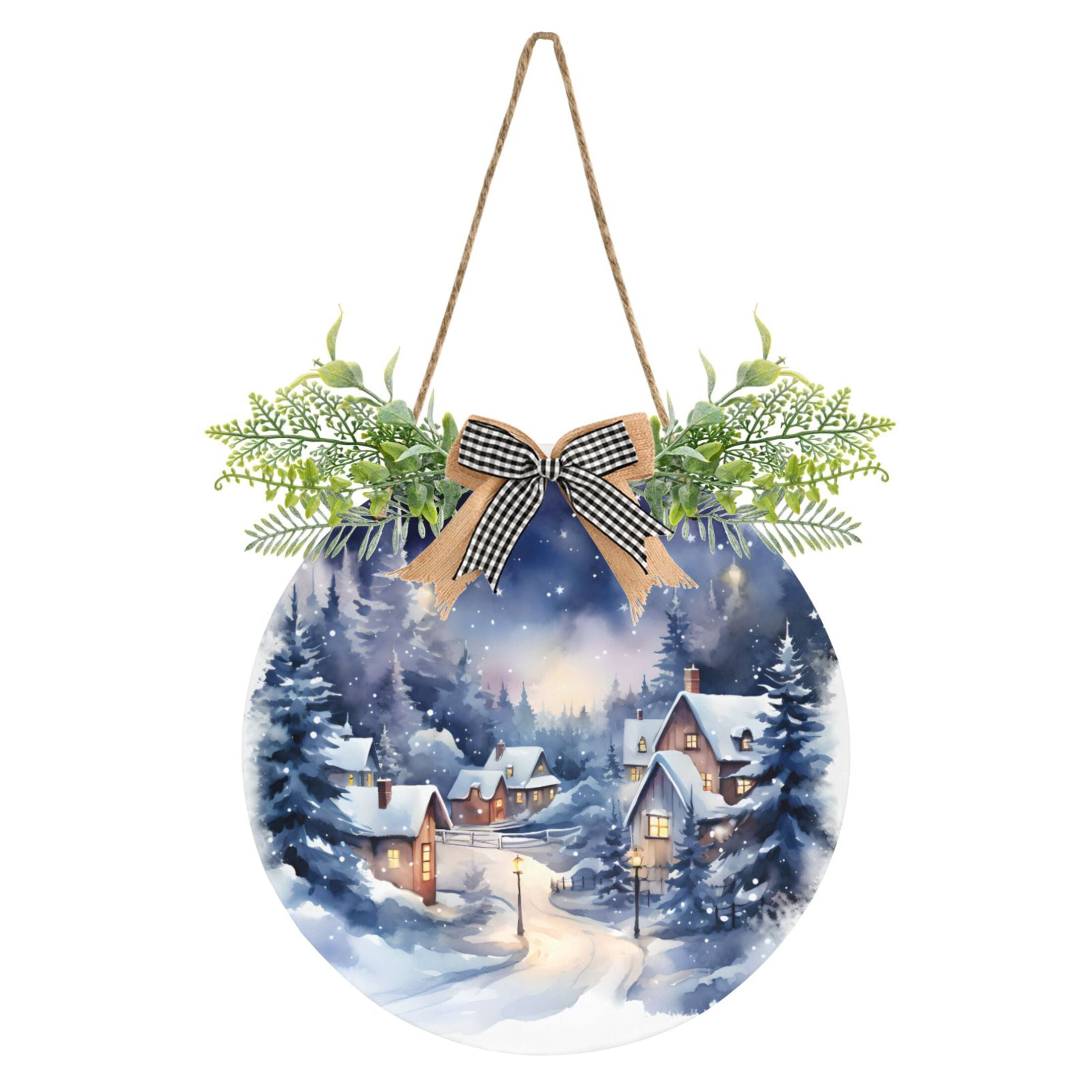 Welcome Door Sign Winter Houses with Snow 11.8" Round Front Entrance ...