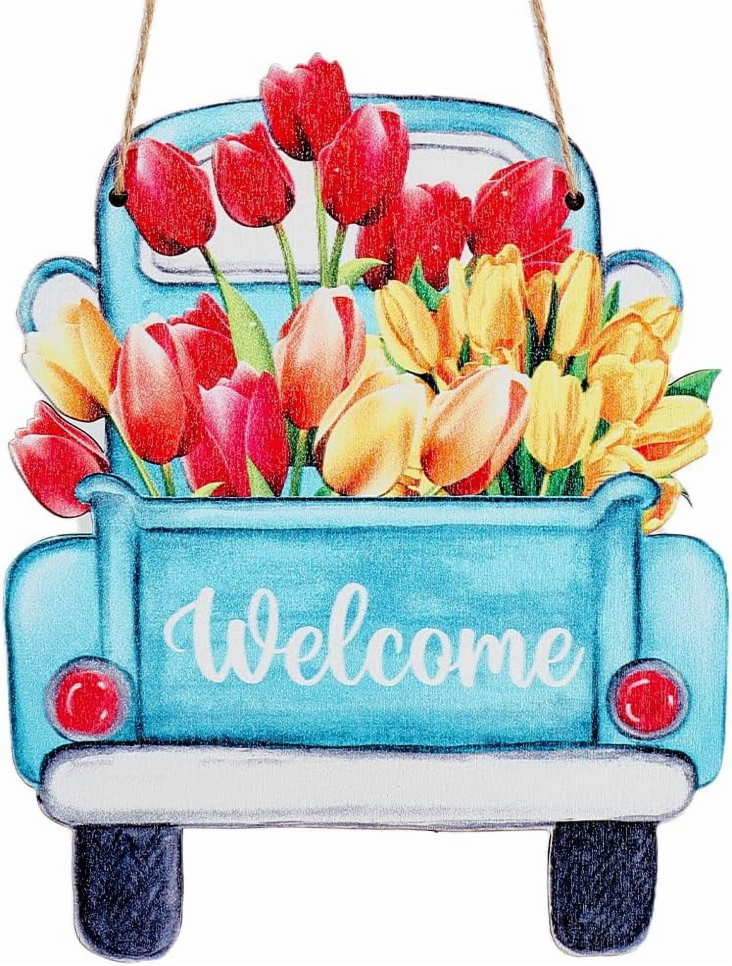Welcome Door Sign Wood Front Door Decor Car Flower Rustic Wall Hanging ...