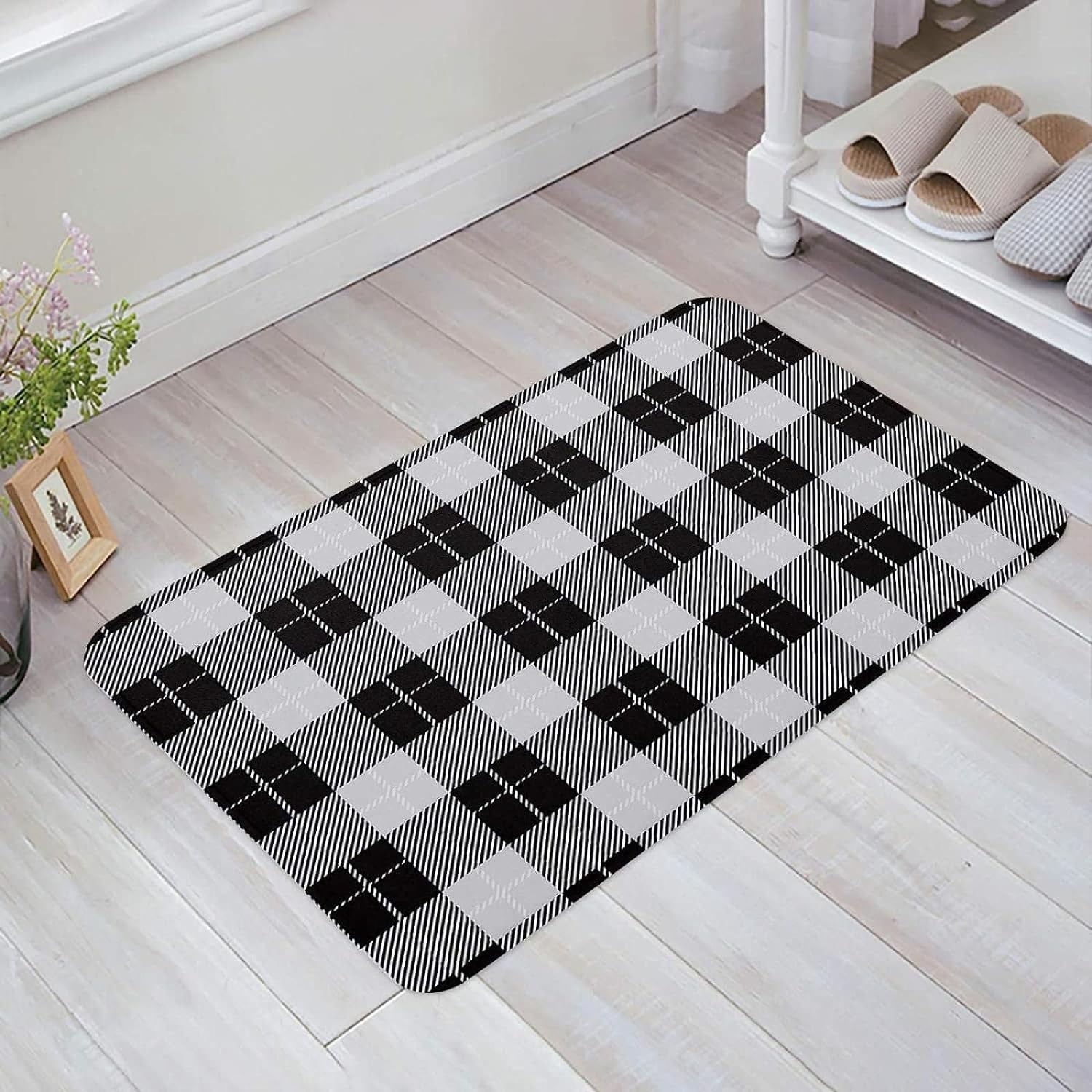 Welcome Doormat Black and White Buffalo Plaid Indoor Outdoor Entrance ...