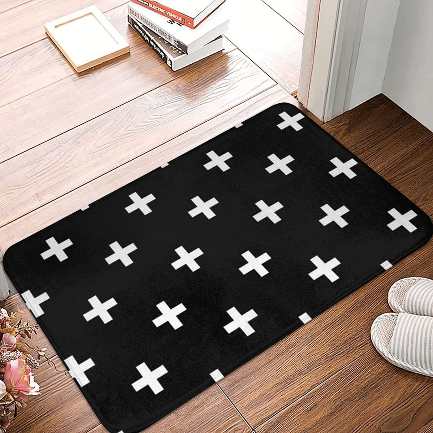 Welcome Doormat Black White Swiss Cross Black Indoor Outdoor Entrance ...