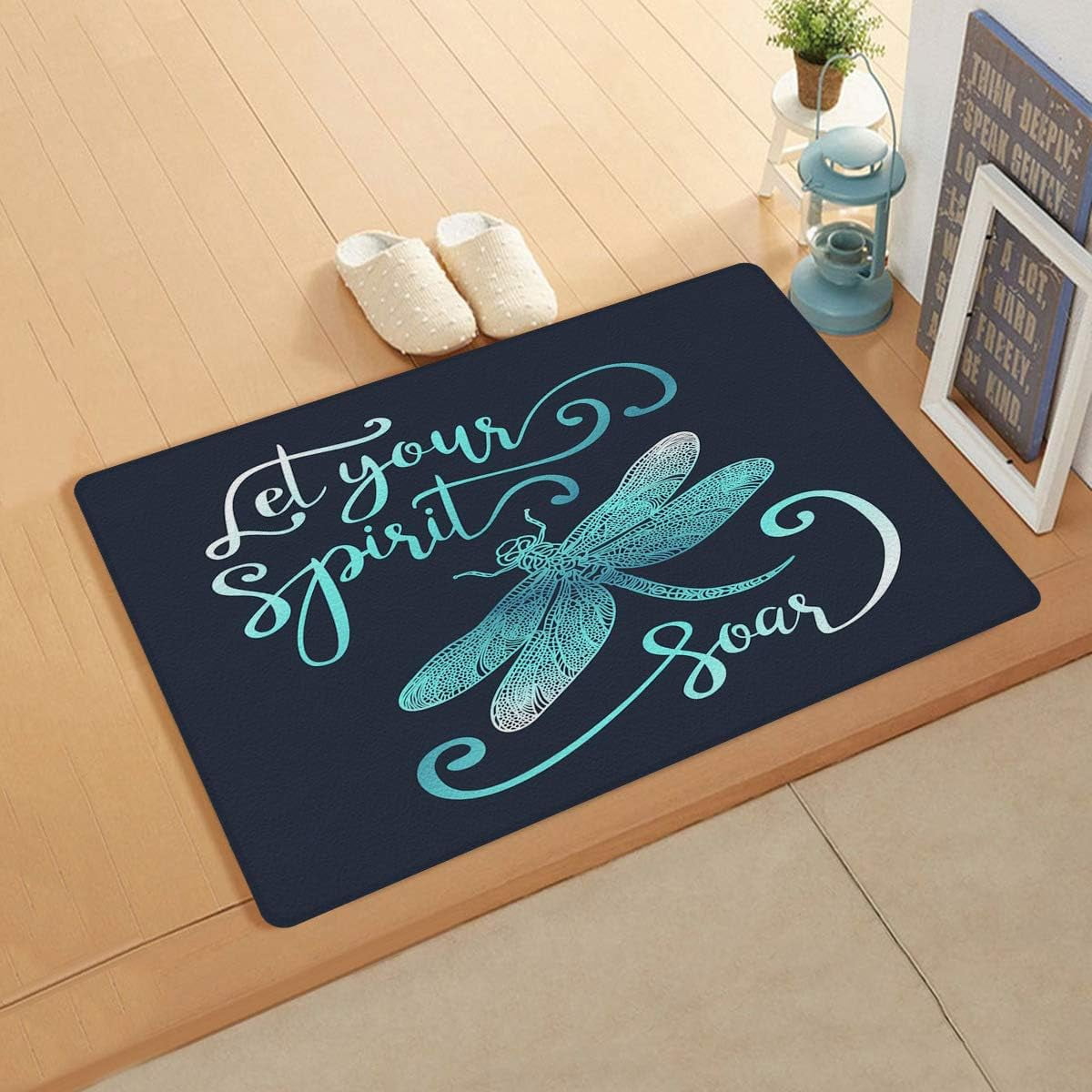 Welcome Doormat Blue Gradient Insert Dragonfly and Alphabet Indoor ...