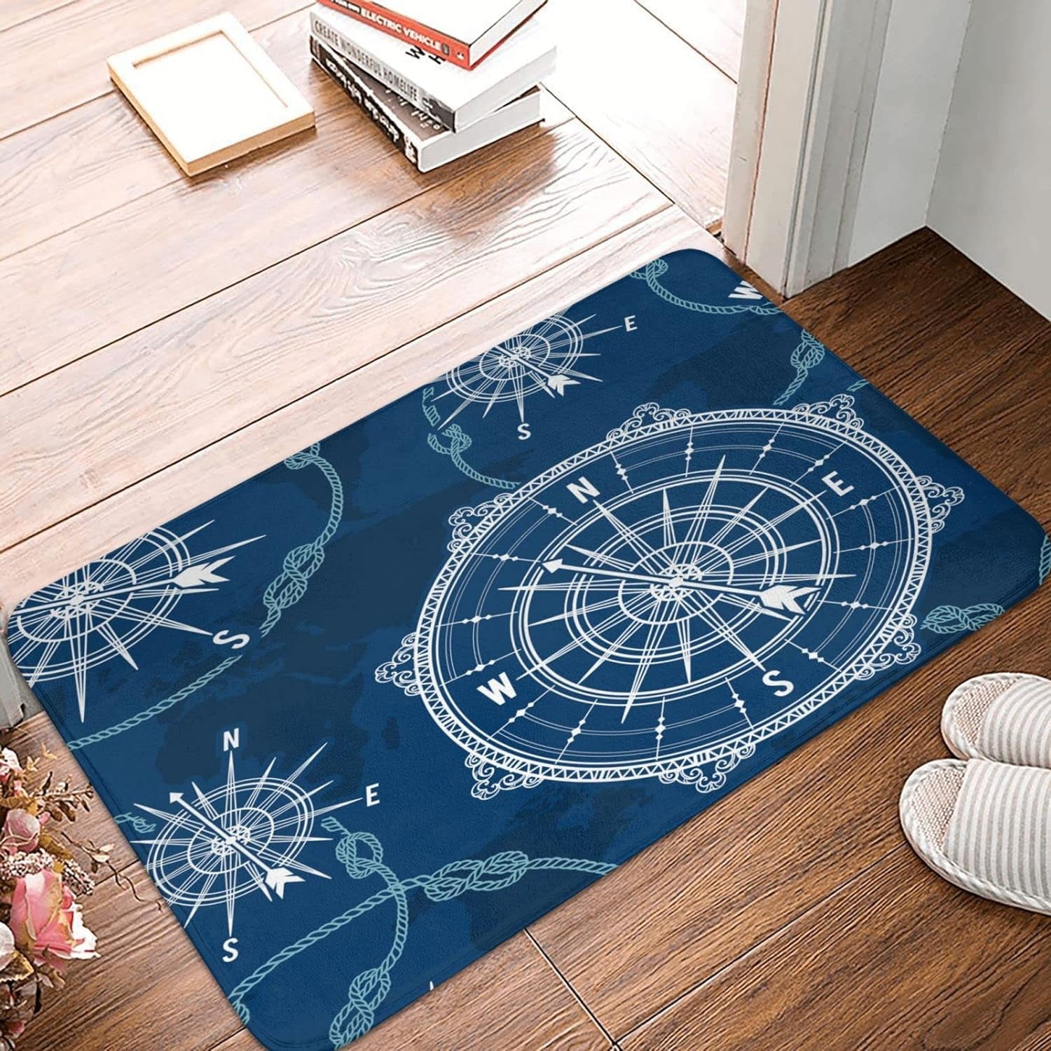 Welcome Doormat Blue Nautical Compass Indoor Outdoor Entrance Door Mat ...