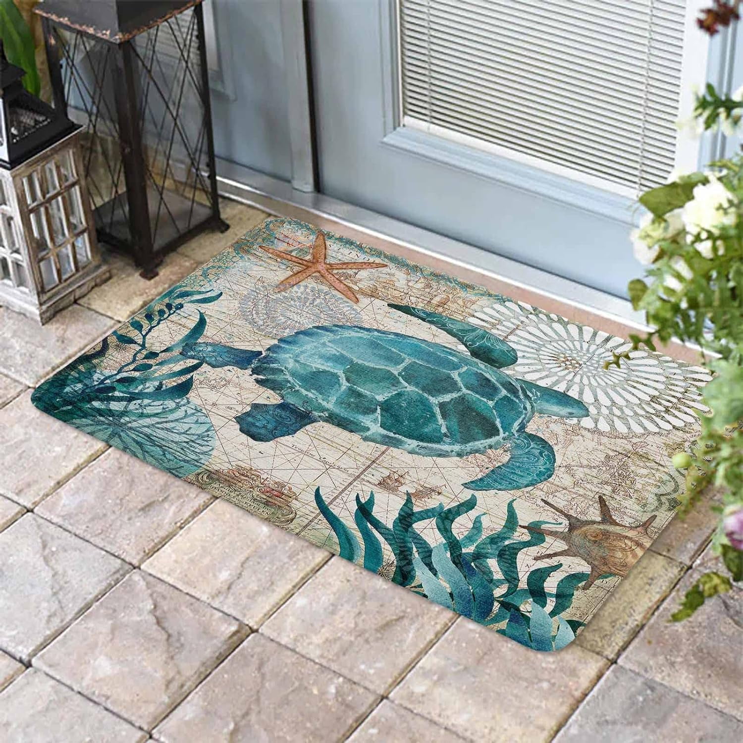 Welcome Doormat Coastal Blue Sea Turtle Nautical Map Outdoor/Indoor ...