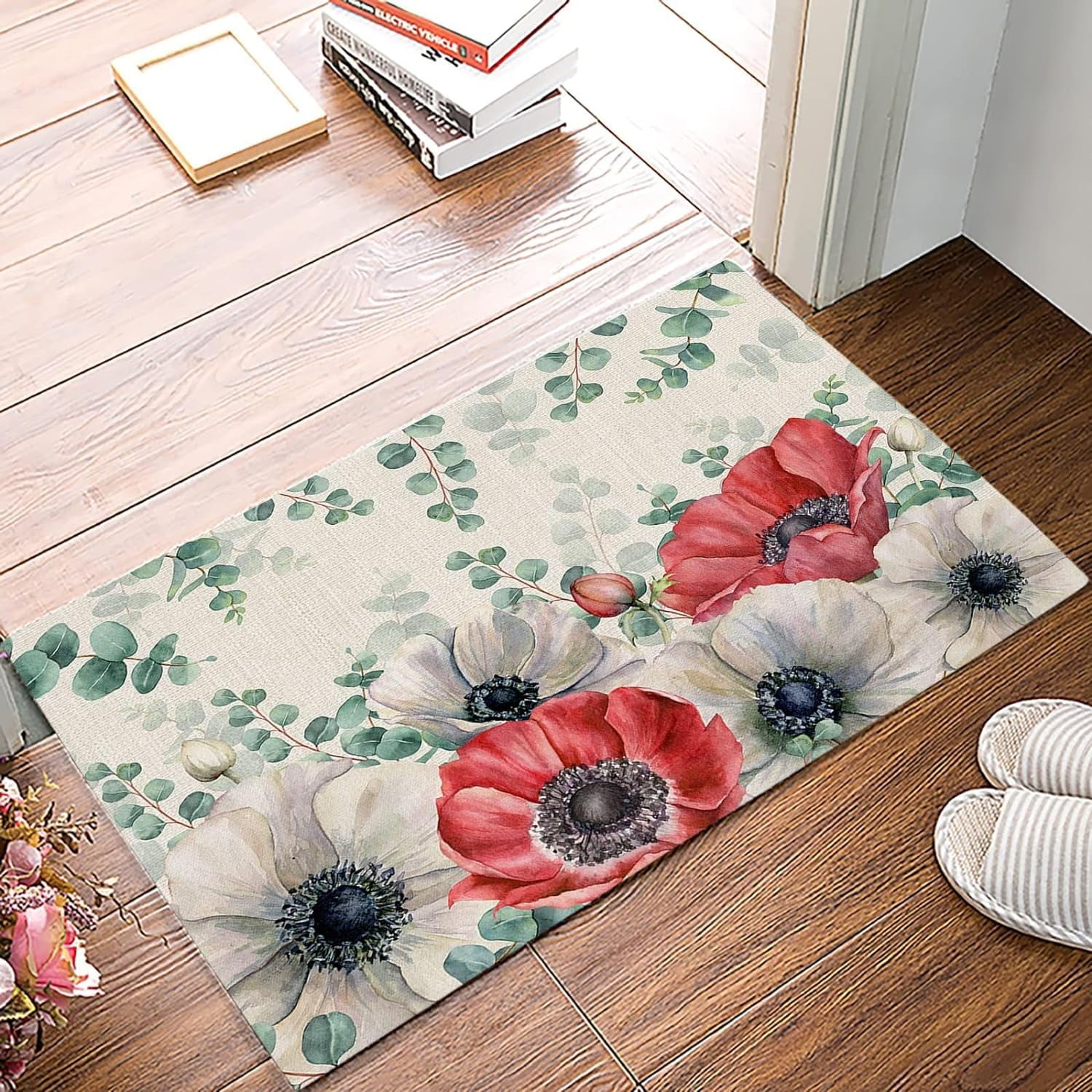 Welcome Doormat Farmhouse Floral Eucalyptus Leaves Poppy Indoor Outdoor ...