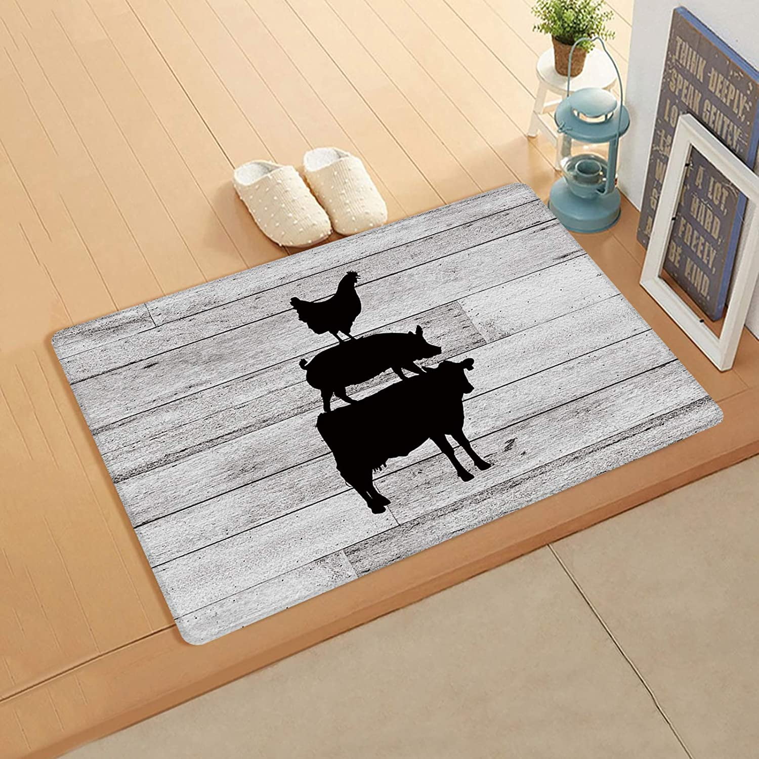 Welcome Doormat Farmhouse Rustic Animals Cow Pig Chicken On White Wood ...