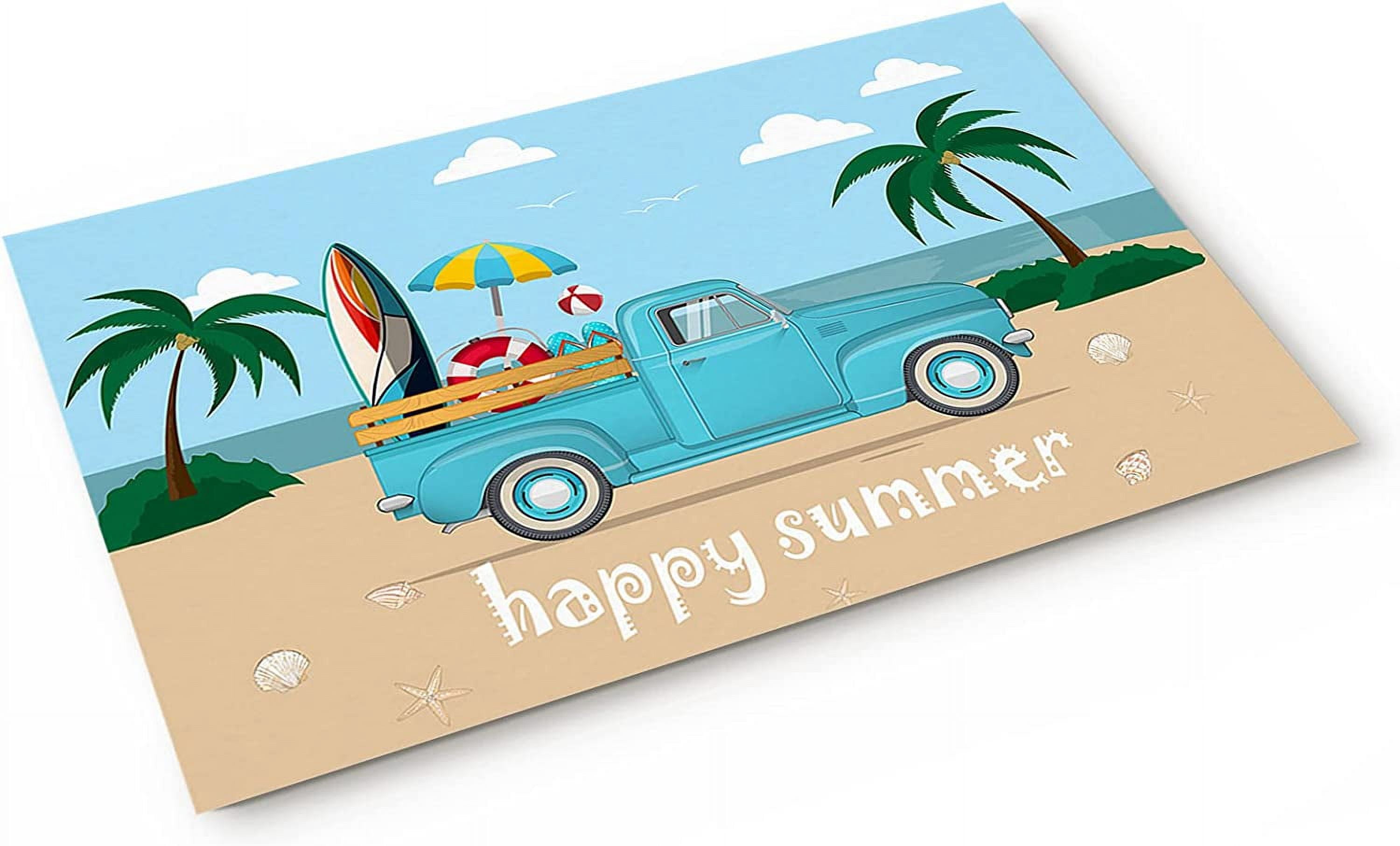 Welcome Doormat Happy Summer Coastal Beach Camping Bus Palm Trees ...