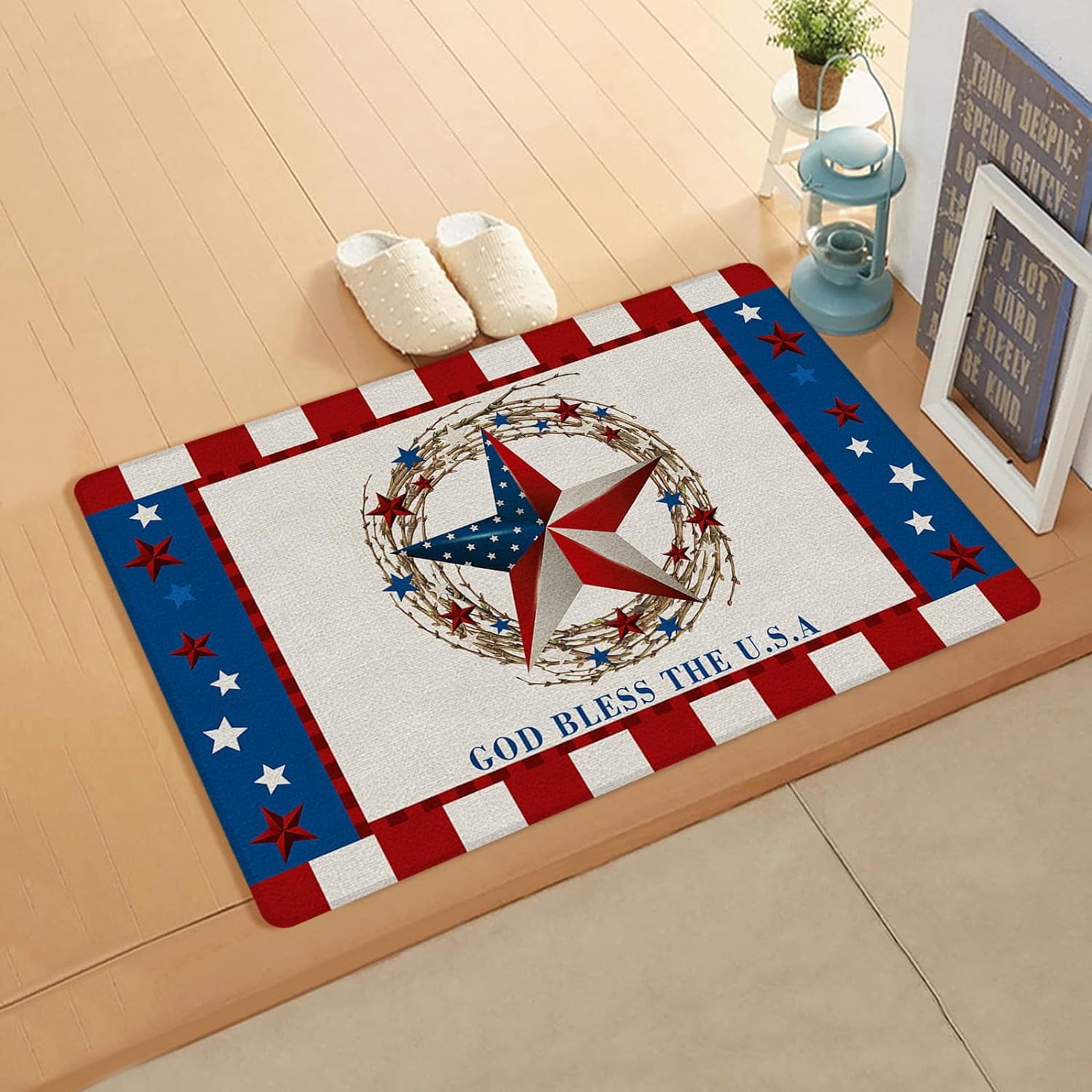 Welcome Doormat Independence Day American Flag Barn Star God Bless The ...