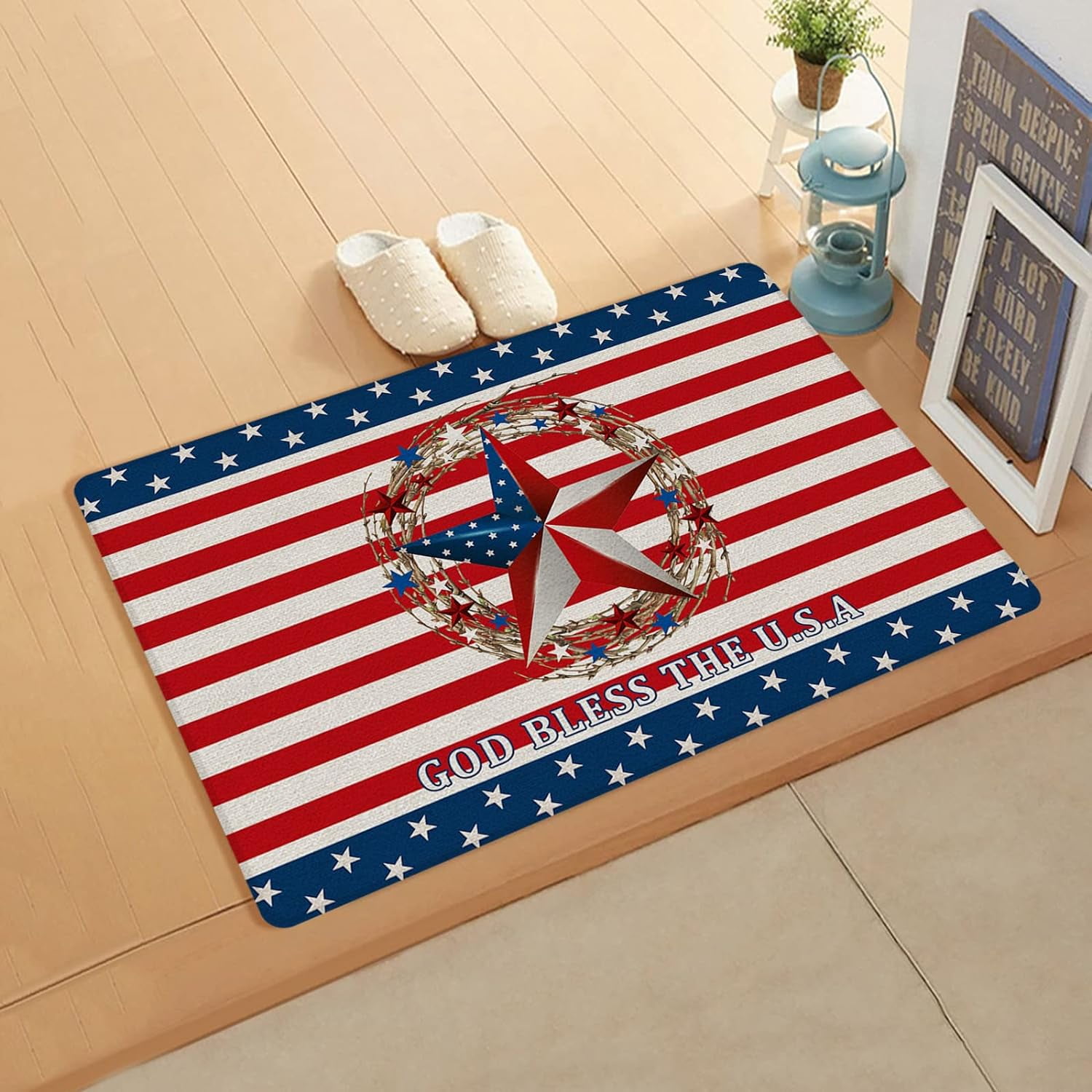 Welcome Doormat Independence Day American Flag God Bless The USA Indoor ...