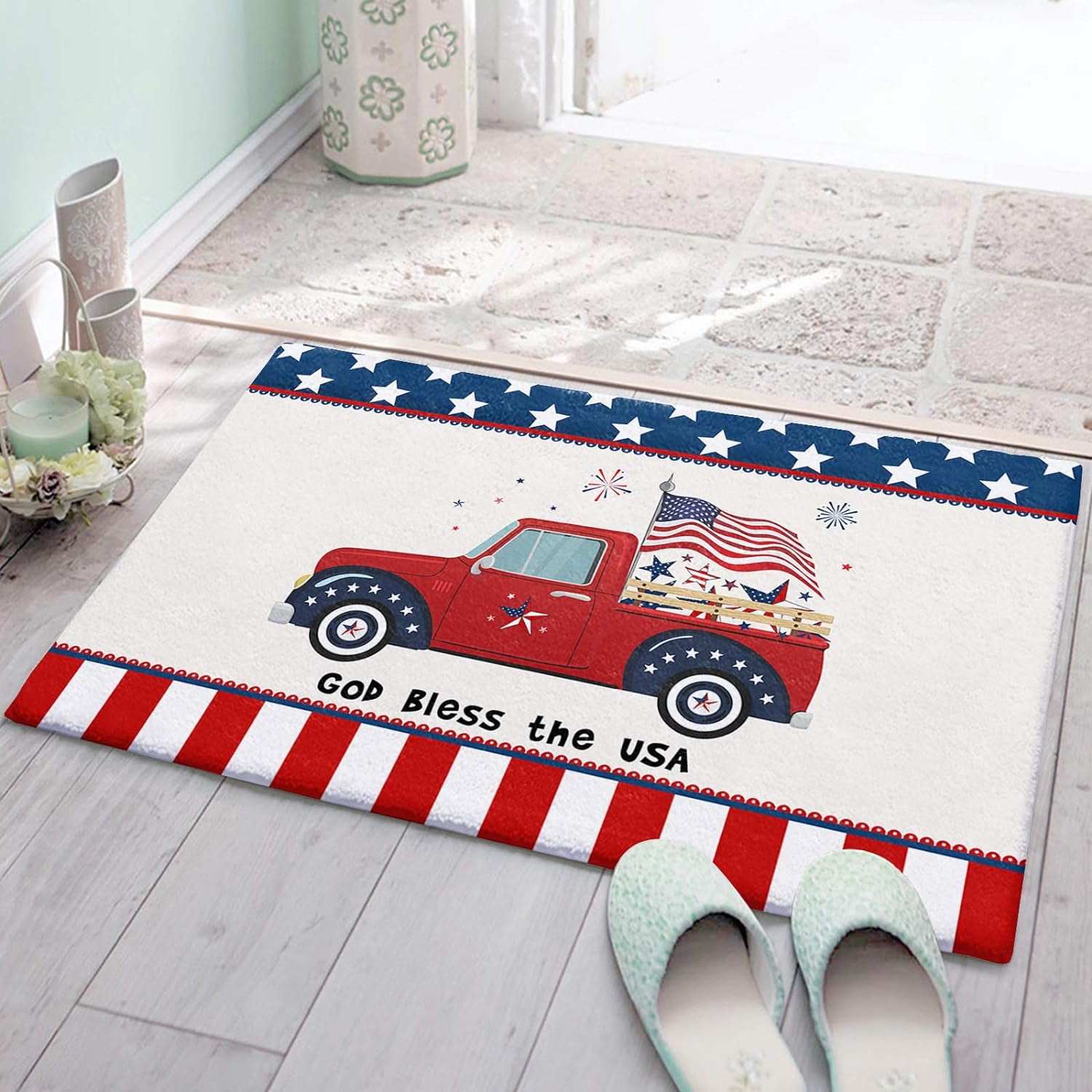 Welcome Doormat Independence Day American Flag Truck Pentagram God ...