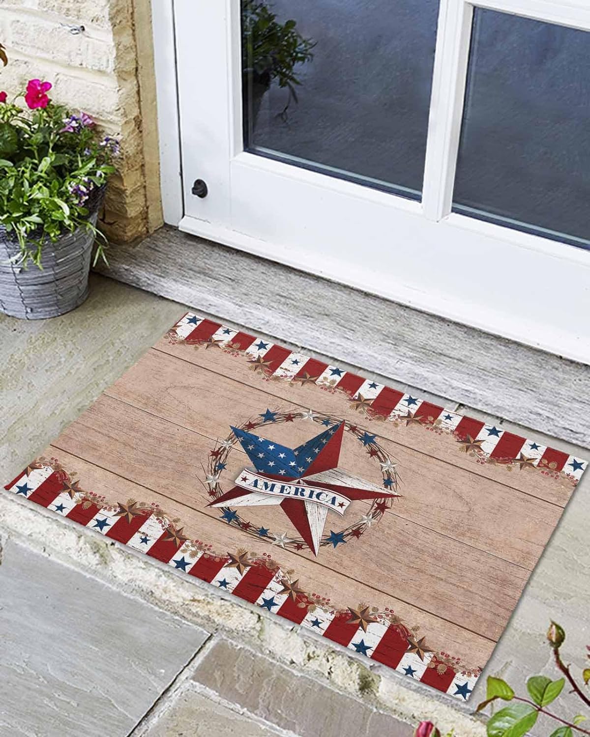 Welcome Doormat Independence Day Red Blue Star Vintage Wood Grain ...
