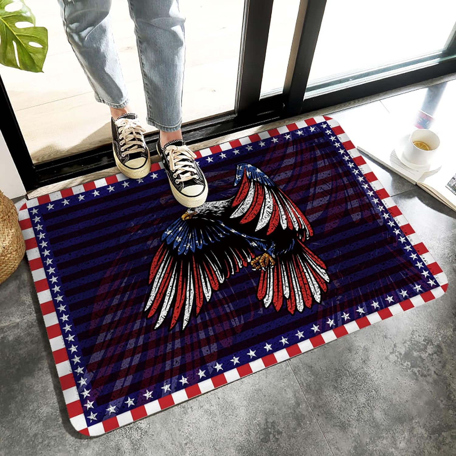 Welcome Doormat Independence Day USA Flag Eagle Stripes Stars Plaid ...