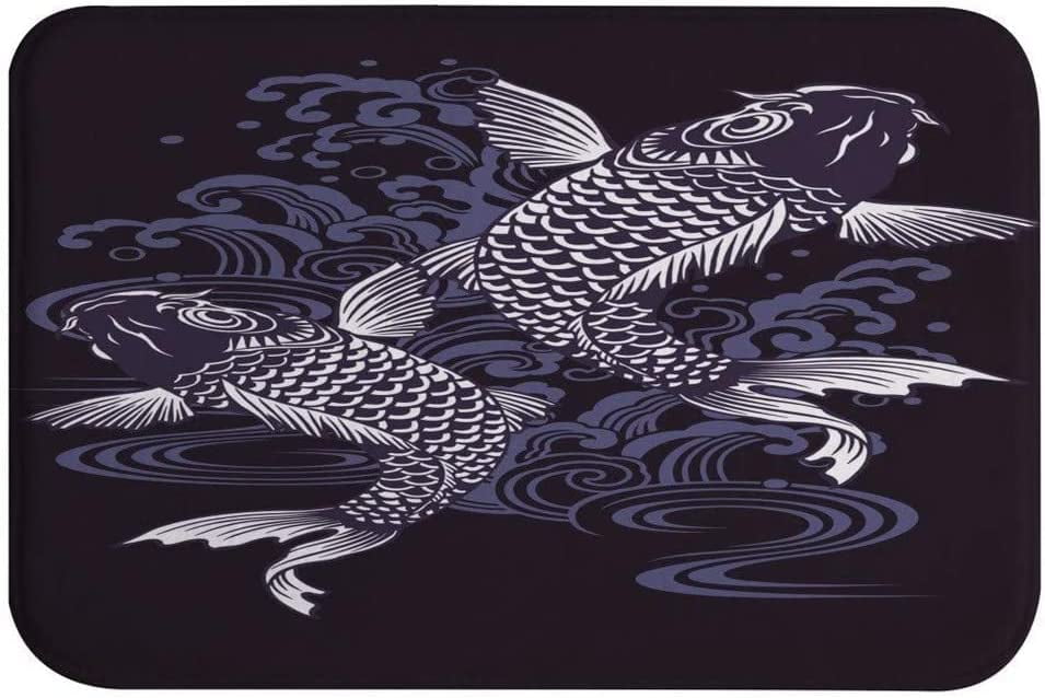 Welcome Doormat Japanese Carp Koi Fish and Wave Pattern Watercolor Blue ...