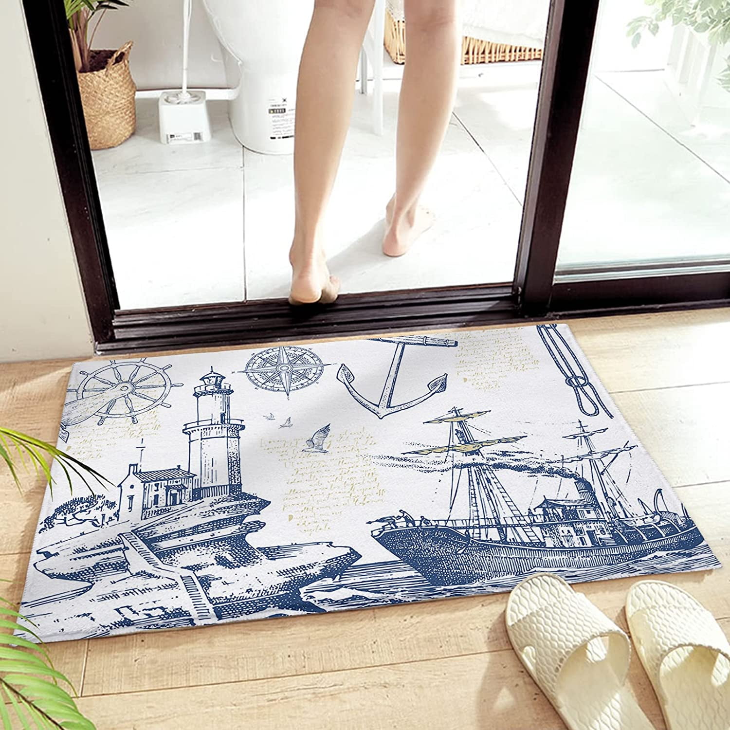Welcome Doormat Light-House Blue Ocean Coastal Nautical Anchor Indoor ...