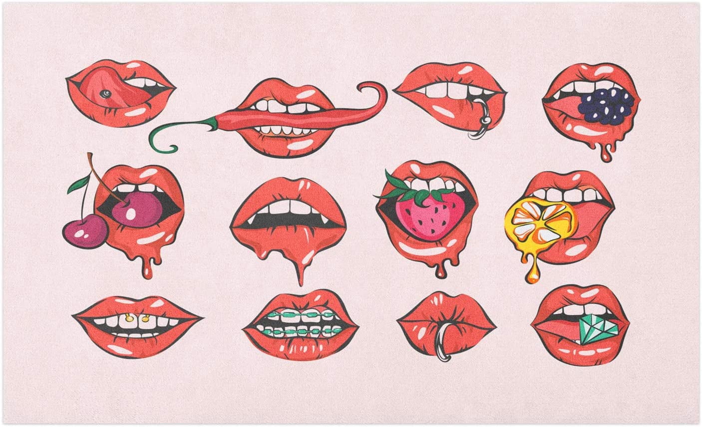 Welcome Doormat Lips Biting Strawberry Pierced Tongue Teeth with Braces ...