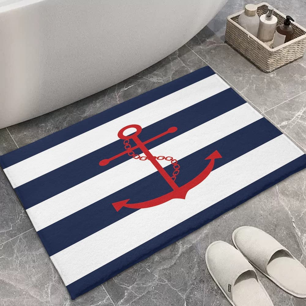 Welcome Doormat Nautical Anchor Navy Blue White Stripe Indoor Outdoor ...