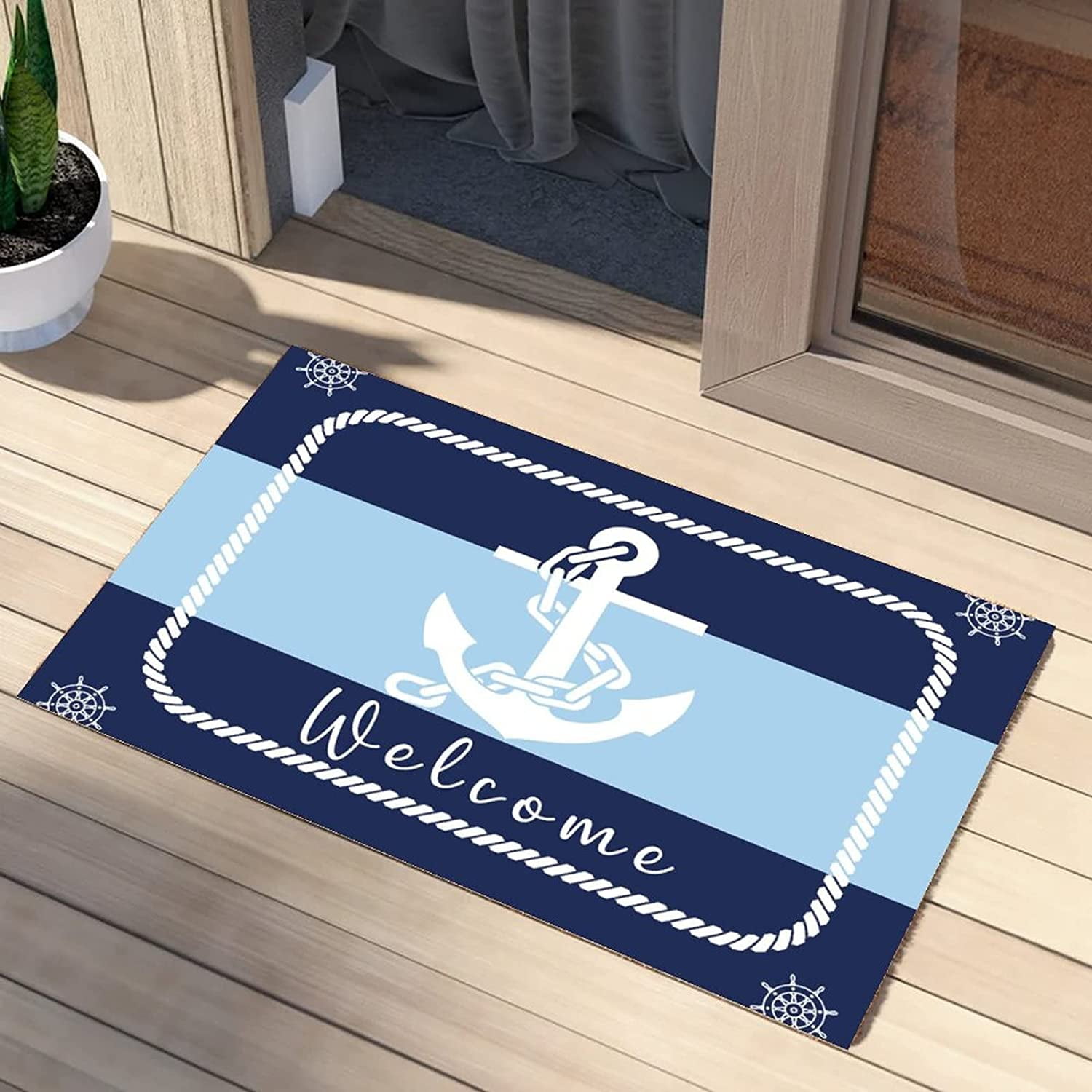 Welcome Doormat Nautical Anchor Sea Ocean Blue Stripe Indoor Outdoor ...