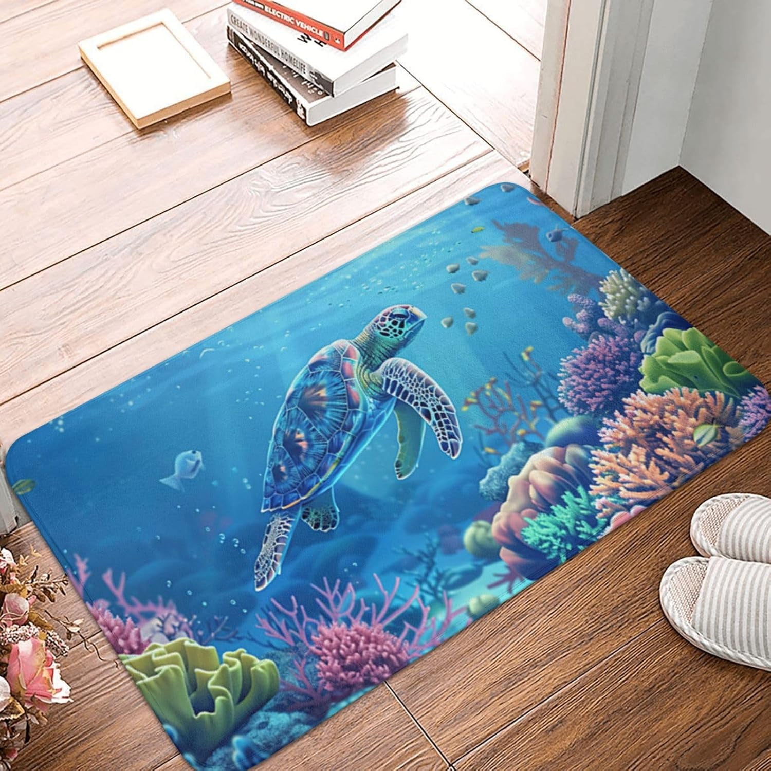 Welcome Doormat Non-Slip Bath Mat Sea Turtle Swimming Over Coral Reefs ...