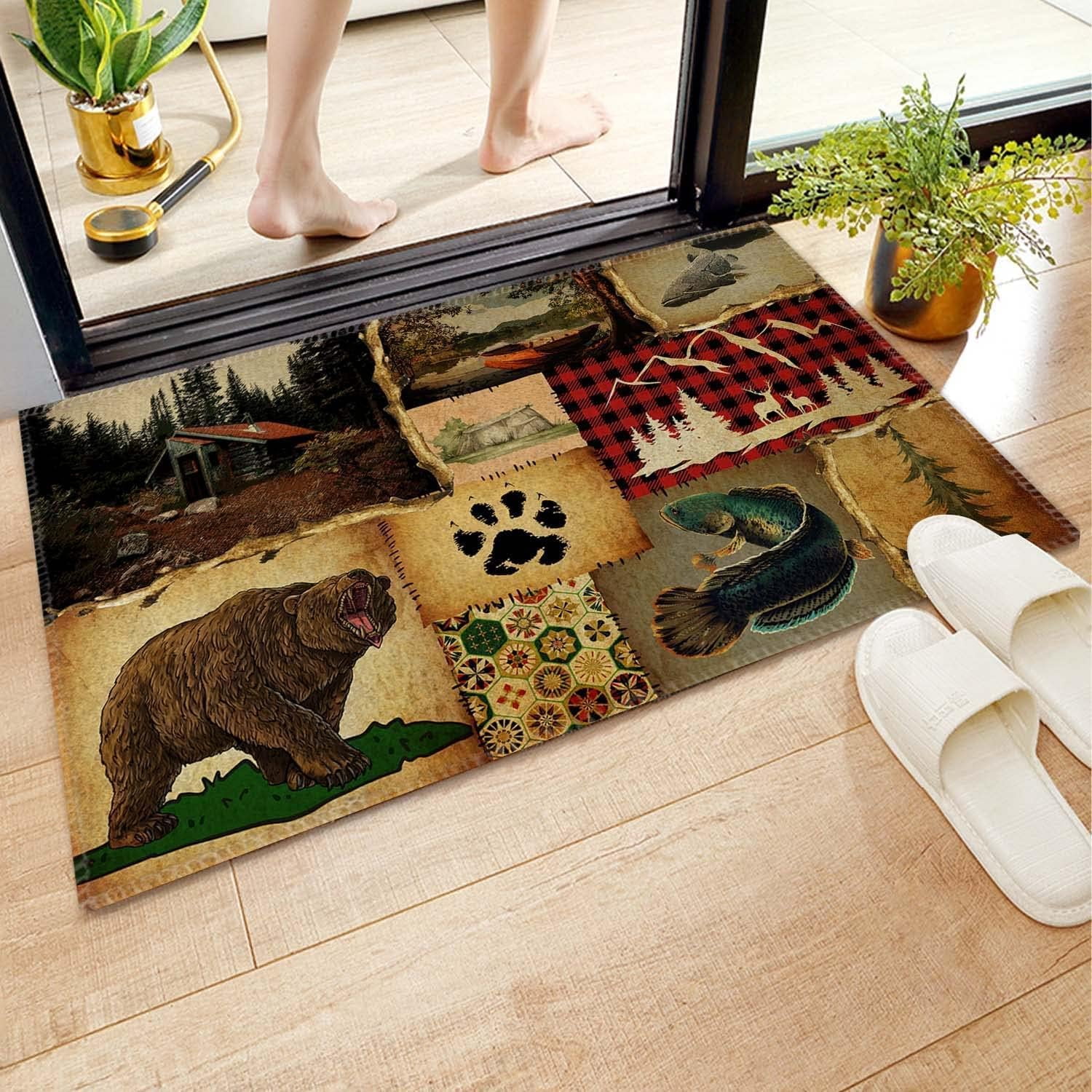 Welcome Doormat Rustic Lodge Bear Moose Deer Indoor Outdoor Entrance ...
