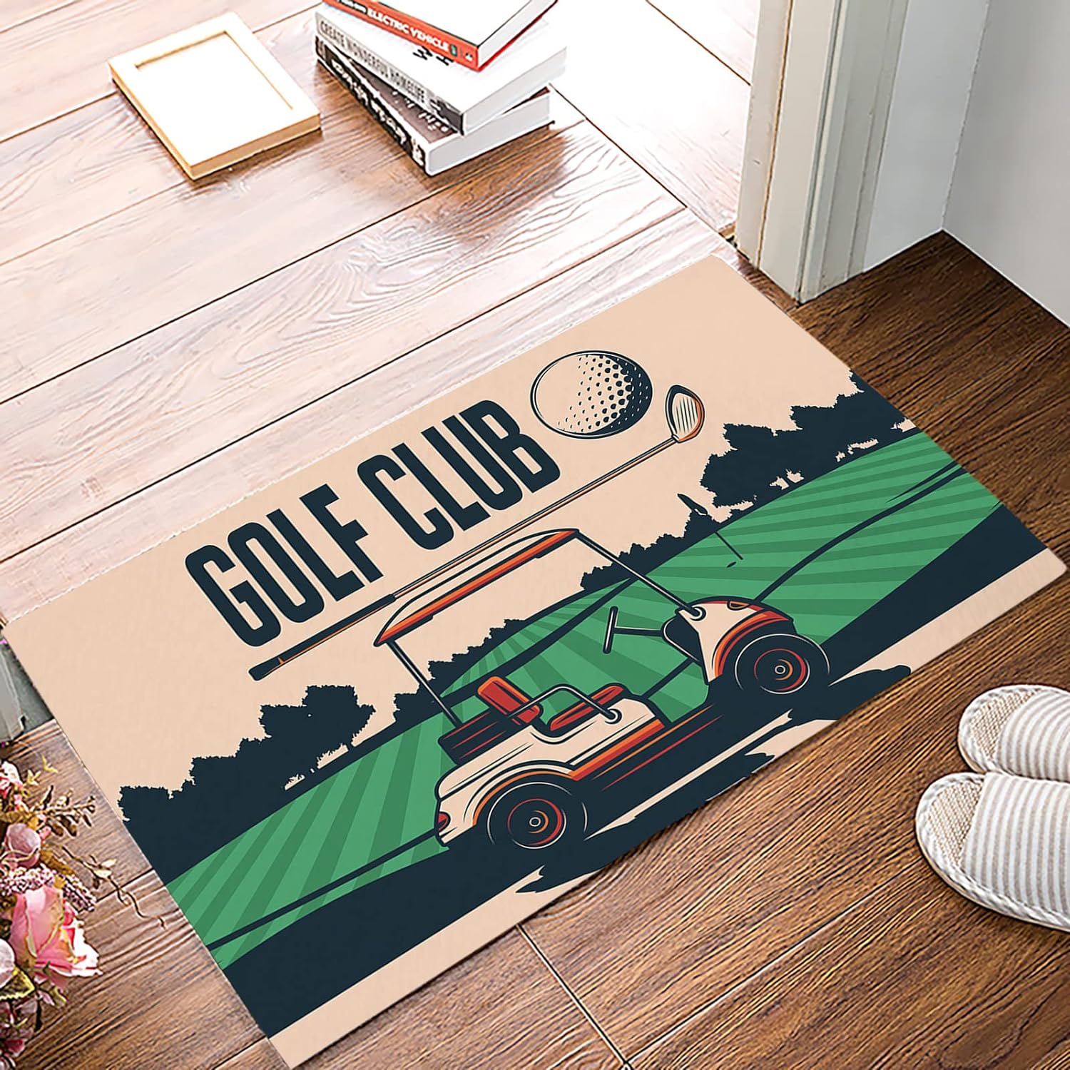 Welcome Doormat Sports Theme Golf Cart Golf Club and Ball Green Field ...