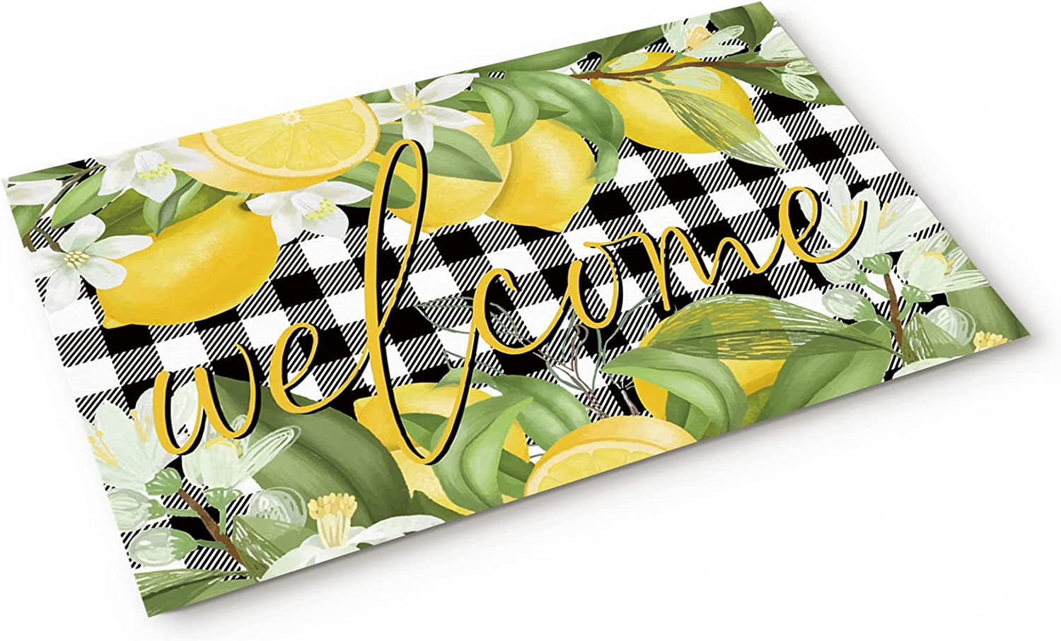 Welcome Doormat Summer Black White Checkered Lemon Kitchen Front Door ...