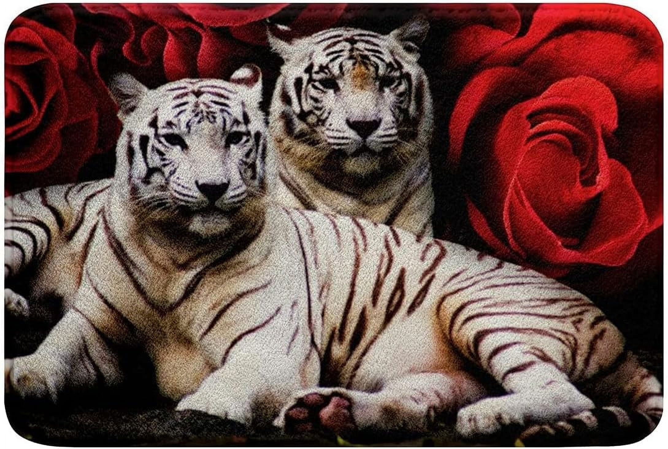 Welcome Doormat Tiger Red Rose Flower African Animals Big Cat Wild ...