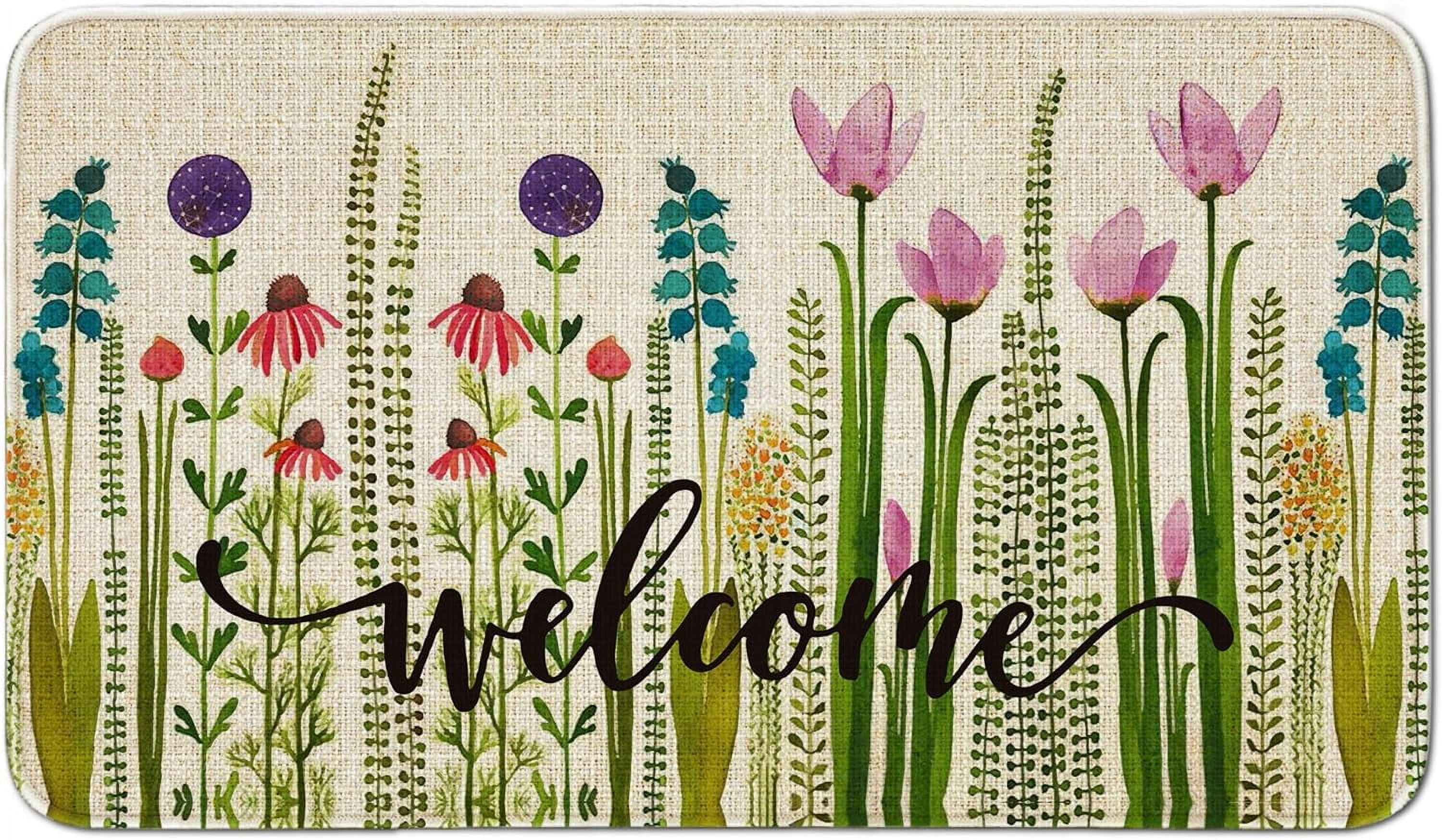 Welcome Doormat Tulip Linen Flowers Carpet Rubber Non-Slip Reusable ...