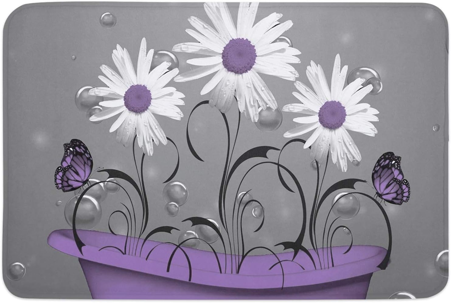 Welcome Doormat White Daisy Flower Bath Rugs Purple Bathtub and ...
