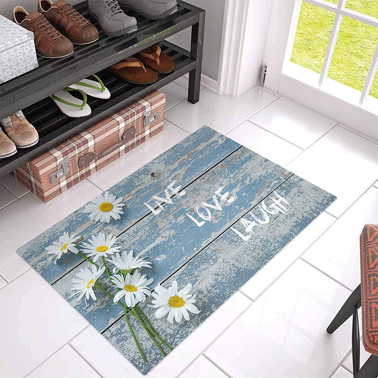 Welcome Doormat Wild Pastoral Daisy Flower on Wood Plank Spring Floral ...