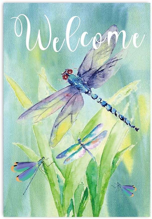 Welcome Dragonfly Garden Flag ,Welcome Spring Garden Flag Watercolor ...