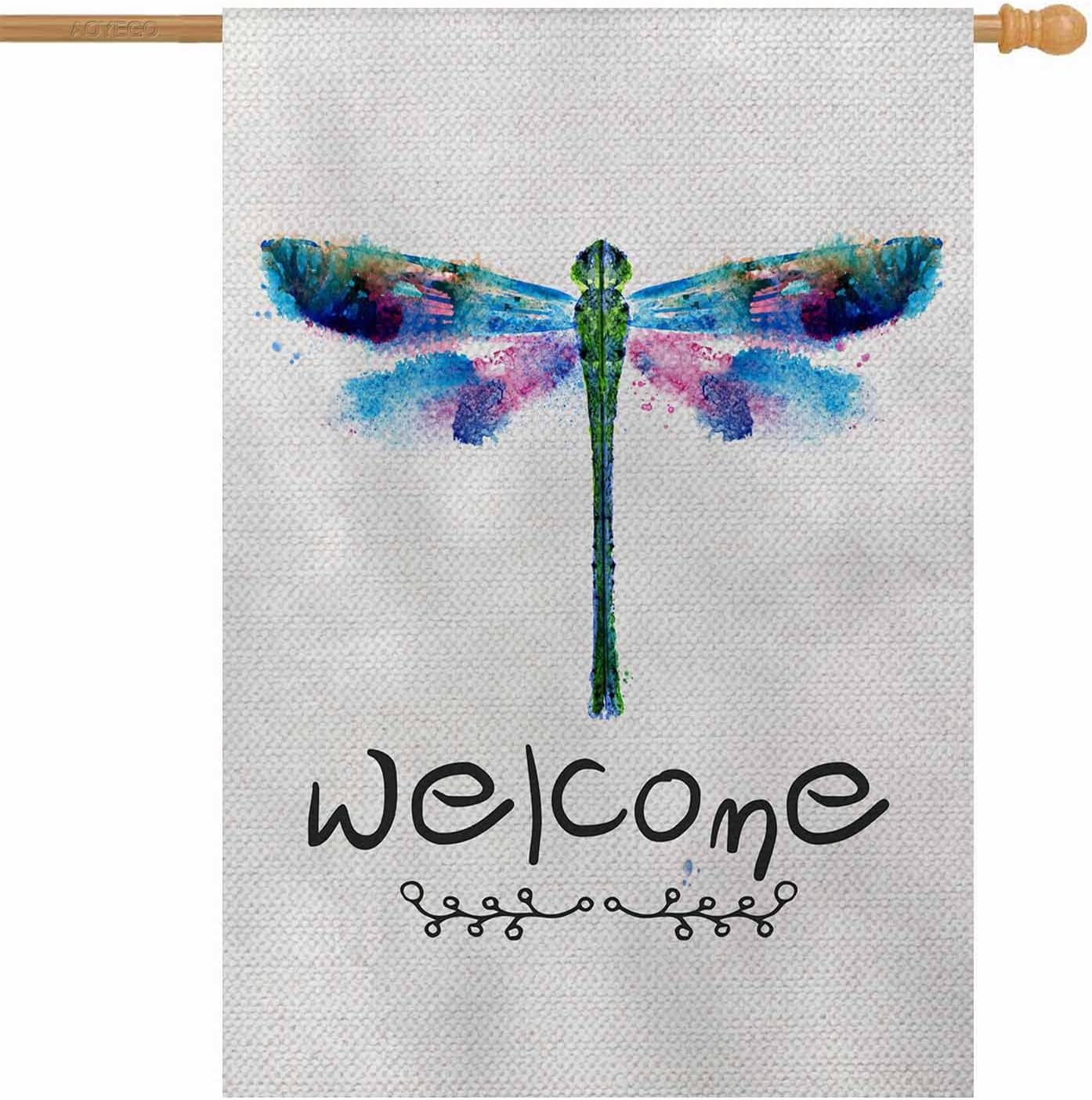 Welcome Dragonfly House Flags 28 x 40 Double Sided Burlap Watercolor ...