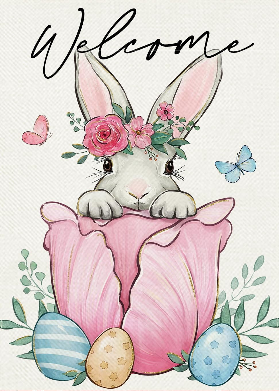 Welcome Easter Bunny Decorative Garden Flag, Rabbit Pink Rose Floral ...